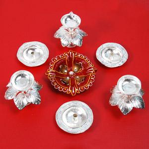 Earthen and Silver Diya set | Diwali Diyas