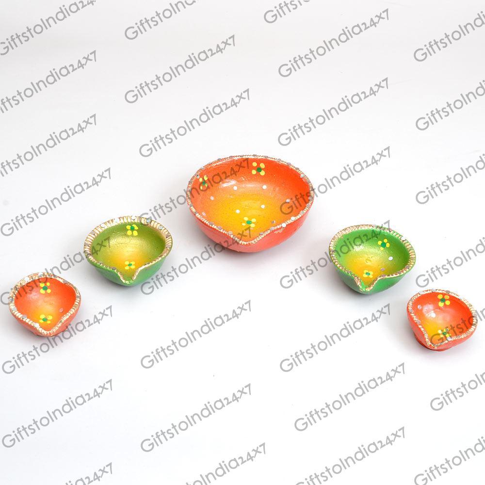 Orange and Green Colored Diya Set | Diwali Diyas
