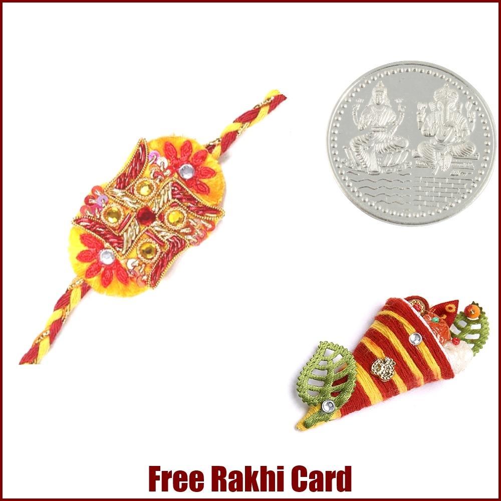 Swastik Zardosi Rakhi with Free Silver Coin | Cheap Rakhi