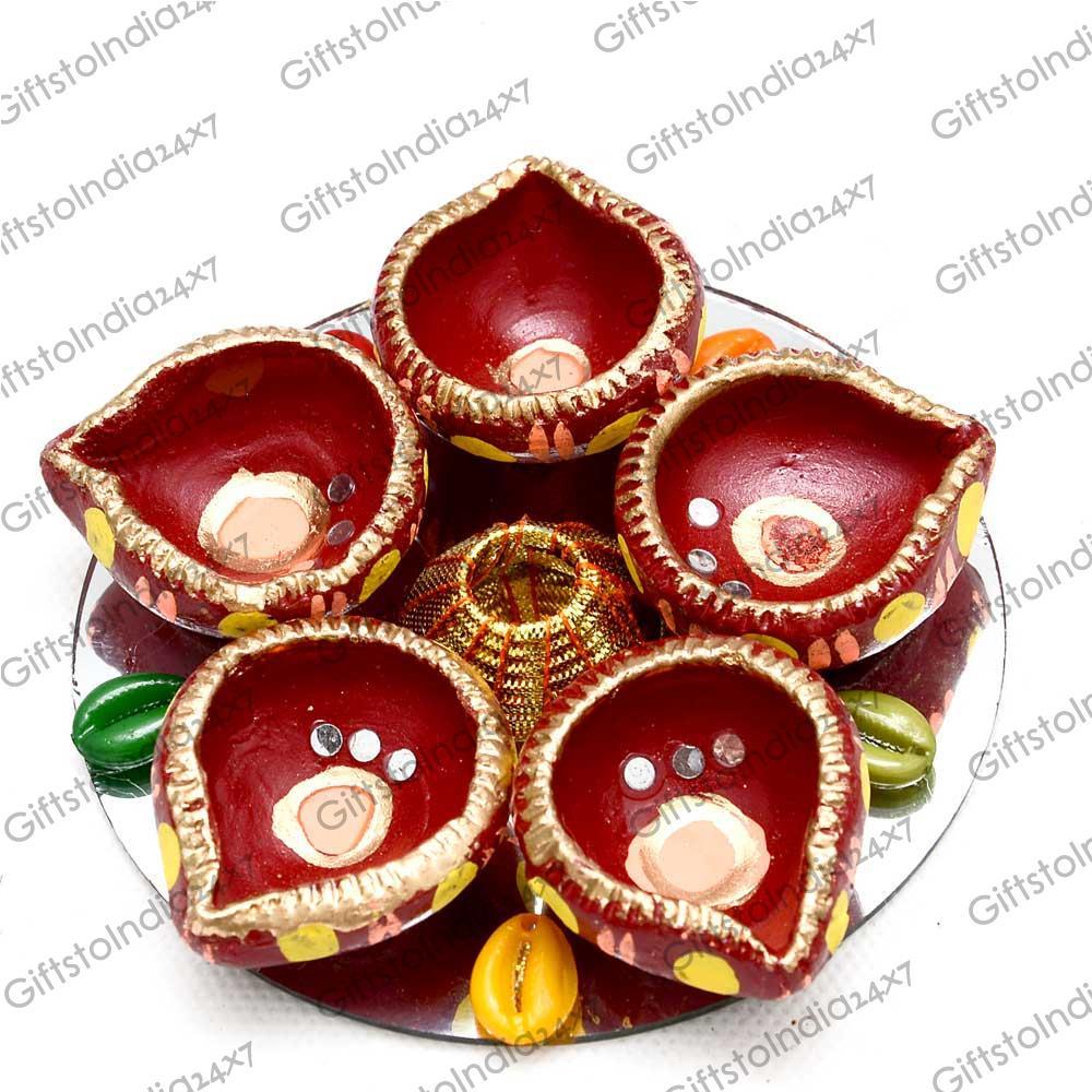 Beautiful Red Diyas On Silver Colored Plate | Diwali Diyas