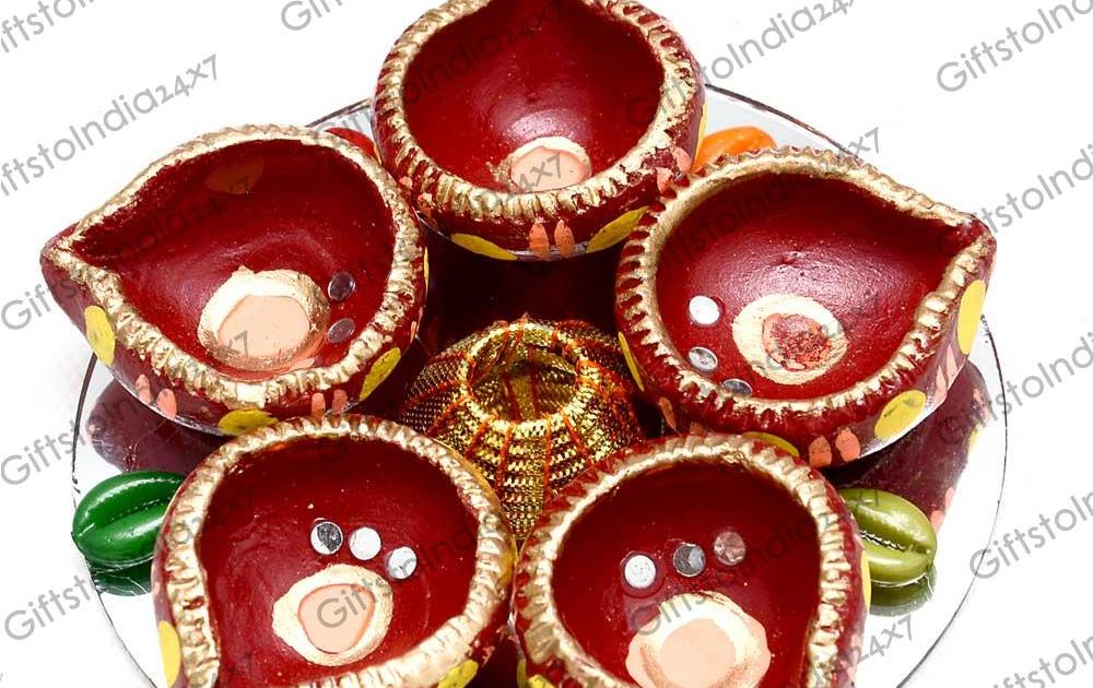 Beautiful Red Diyas On Silver Colored Plate | Diwali Diyas