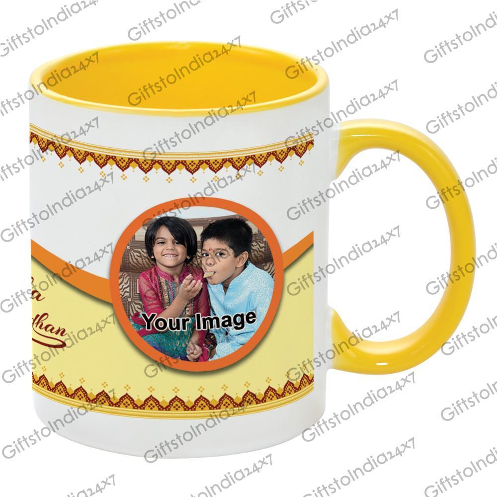 Adorable Yellow Rakhi Mug, Personalized Photo Mugs