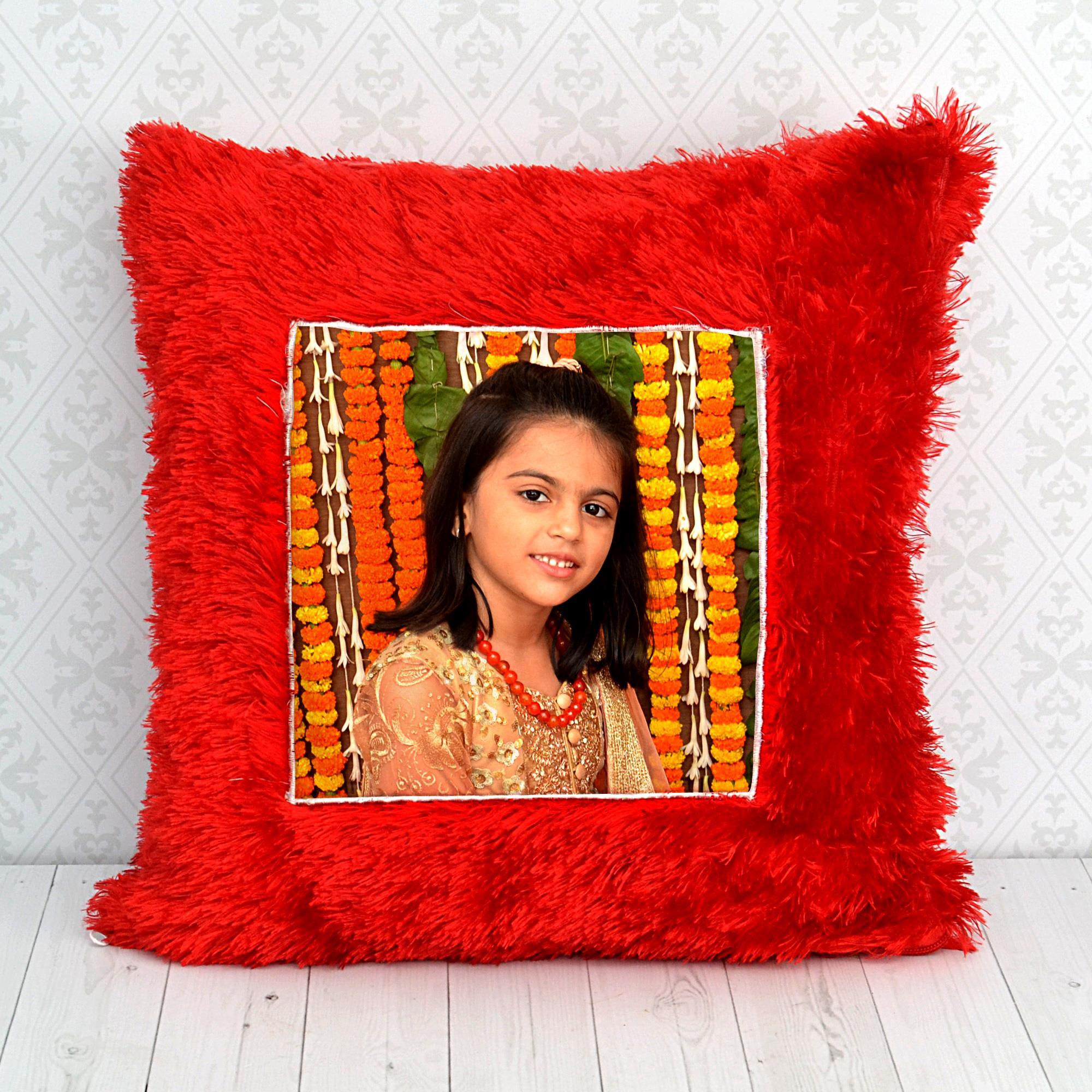 Red Fur Pillow On Rakhi | Rakhi Personalised