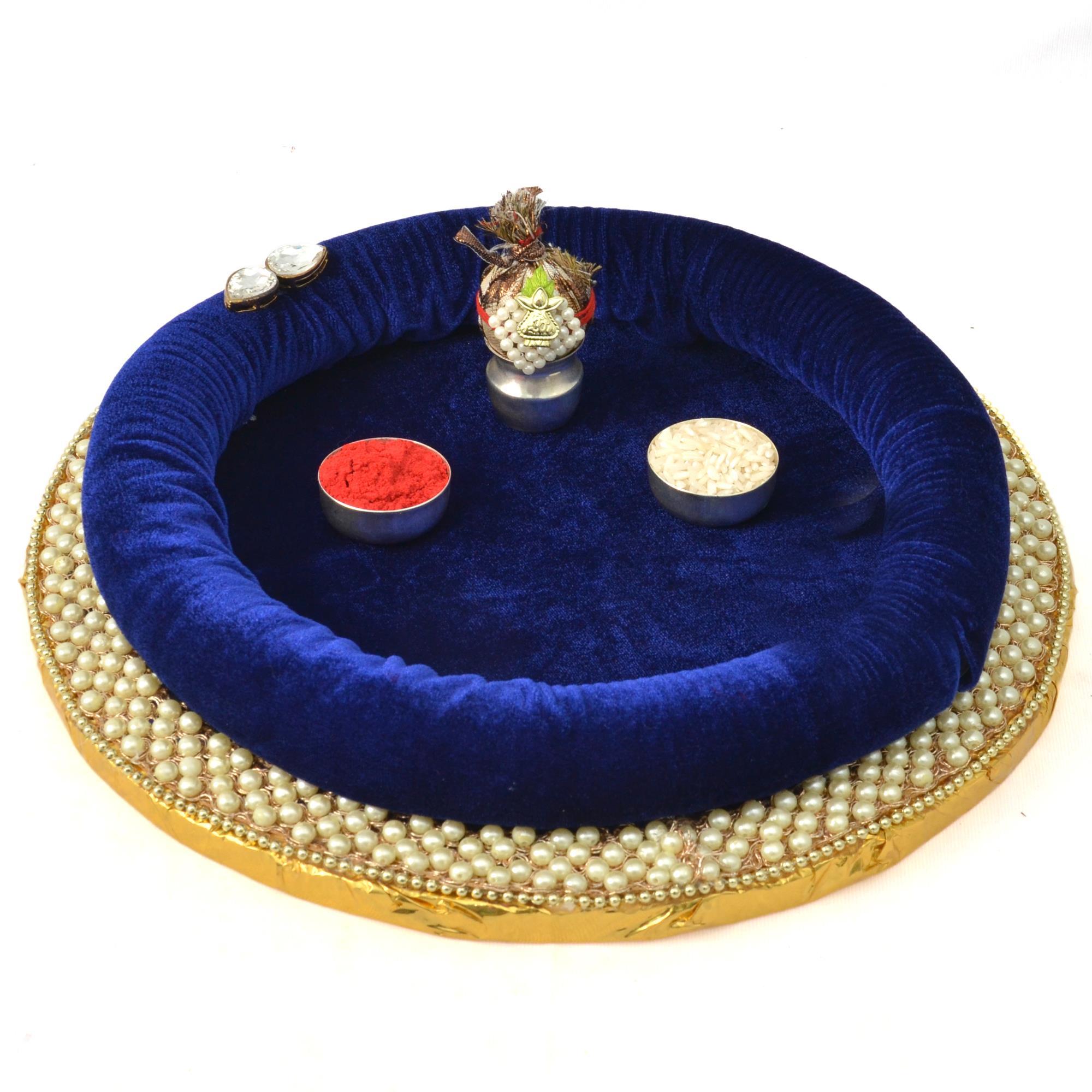 Round Blue Velvet Traditional Thali | Thali for Puja