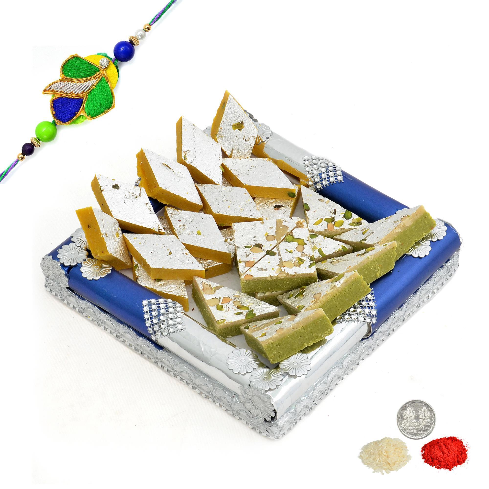 Tray of Kaju and Kesar Barfi with Rakhi | Rakhi Sweets