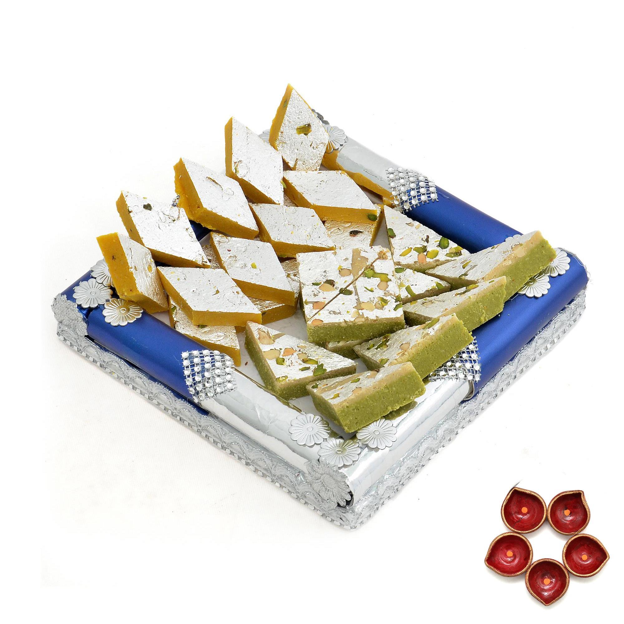 Tray of Kaju and Kesar Barfi with Diya, Diwali Thalis