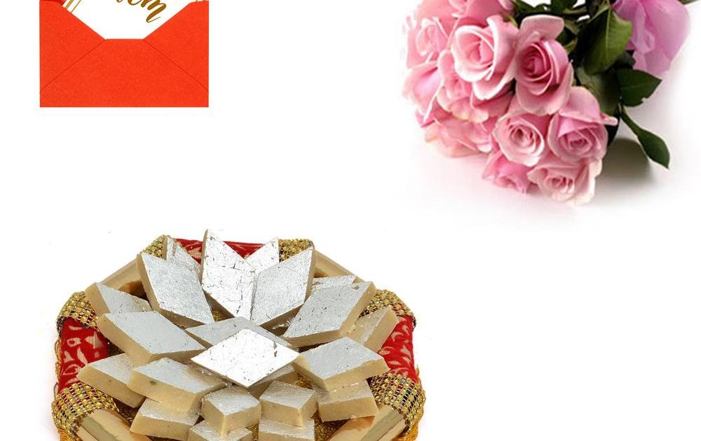 12 Pink Roses, Kaju Barfi with Thali | Gift Hampers for Mother