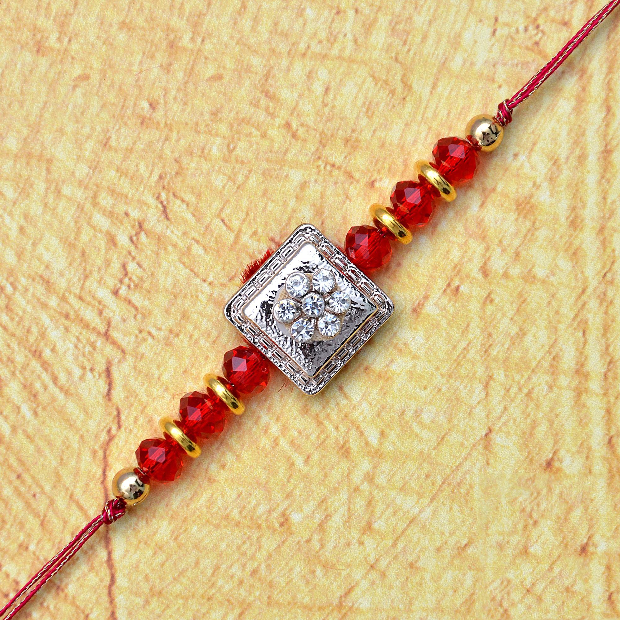 Stone with Beads Red Thread Rakhi | Designer Rakhi