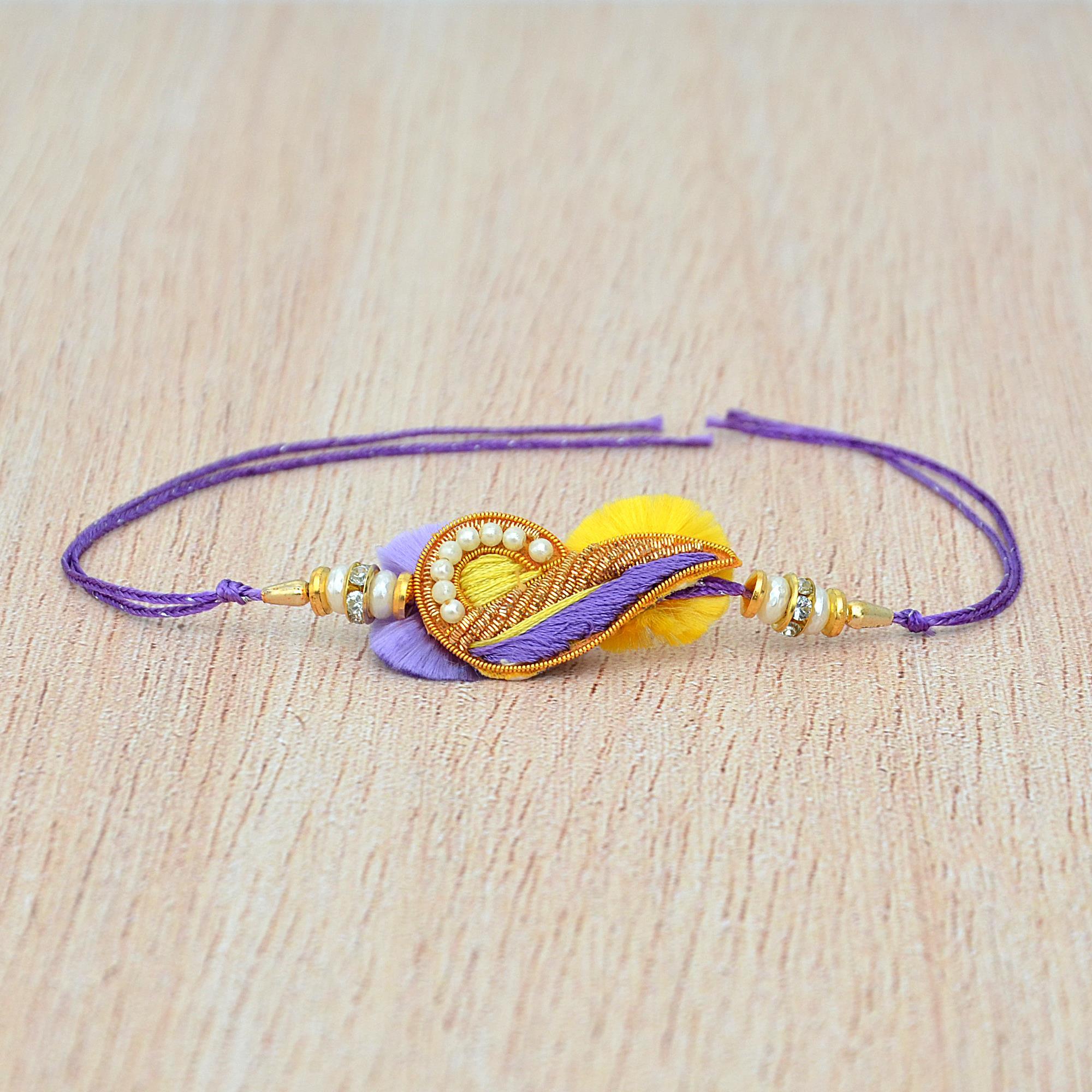 Violet and Yellow Zardosi Rakhi | Designer Rakhi