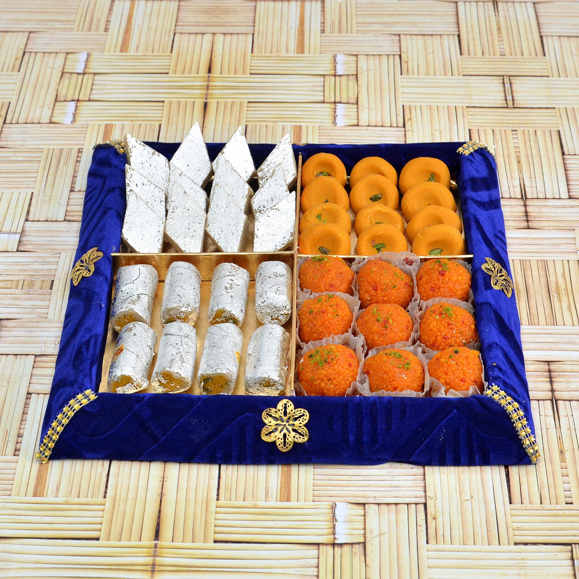 Barfi, Peda, Roll & Motichur Laddu Thali | Gift Baskets