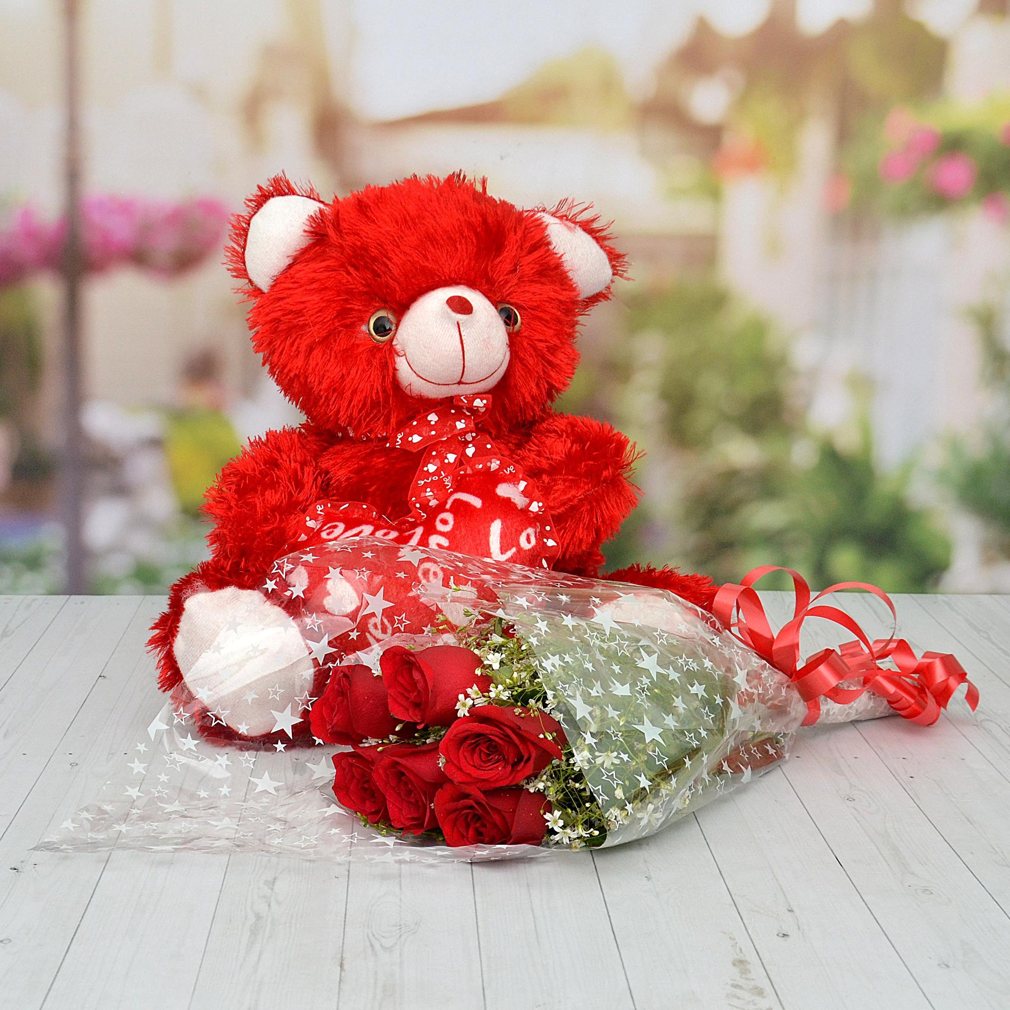 Red Roses & Teddy | Flower & Teddy Hamper