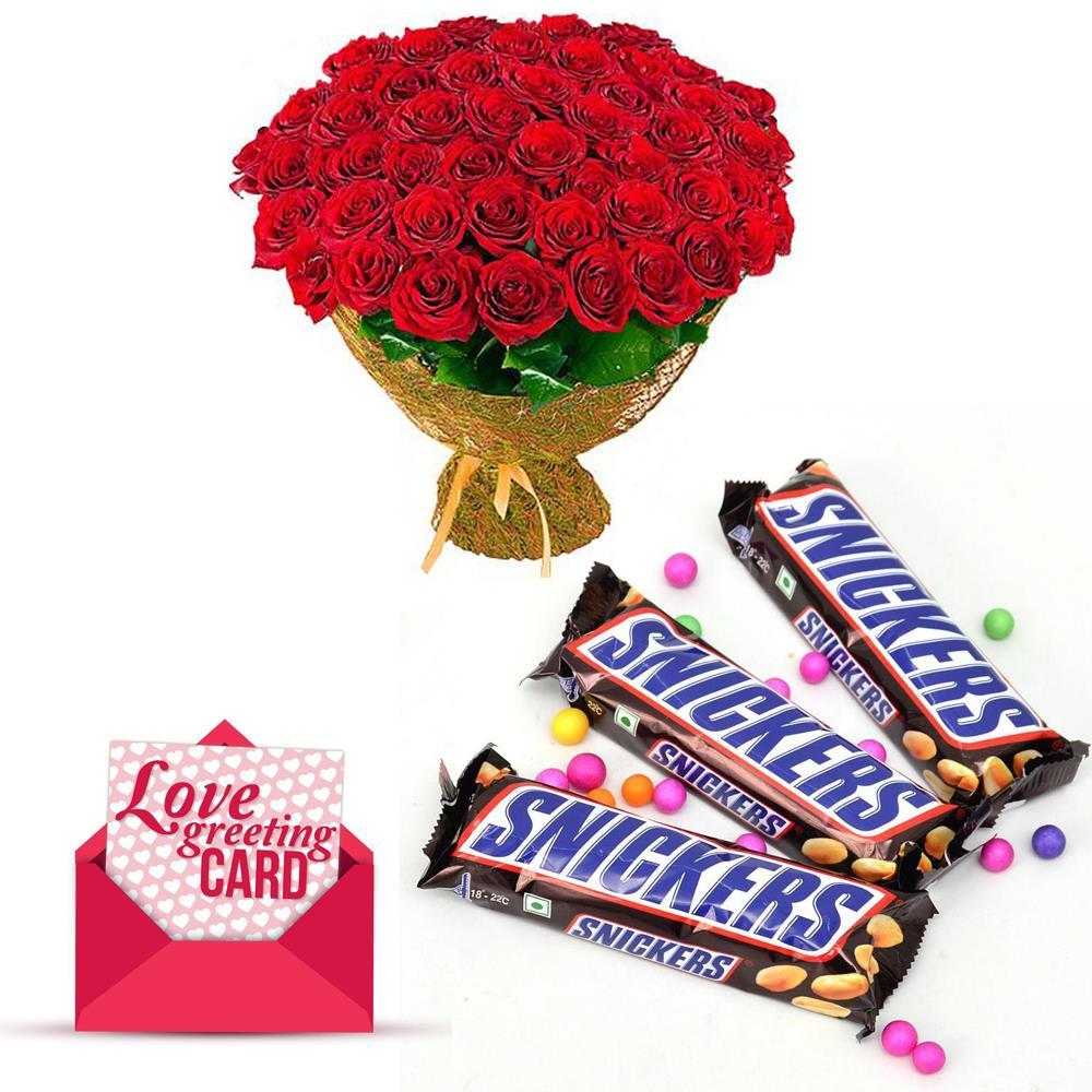 200 Roses ,Snickers & Card | Flower Hamper