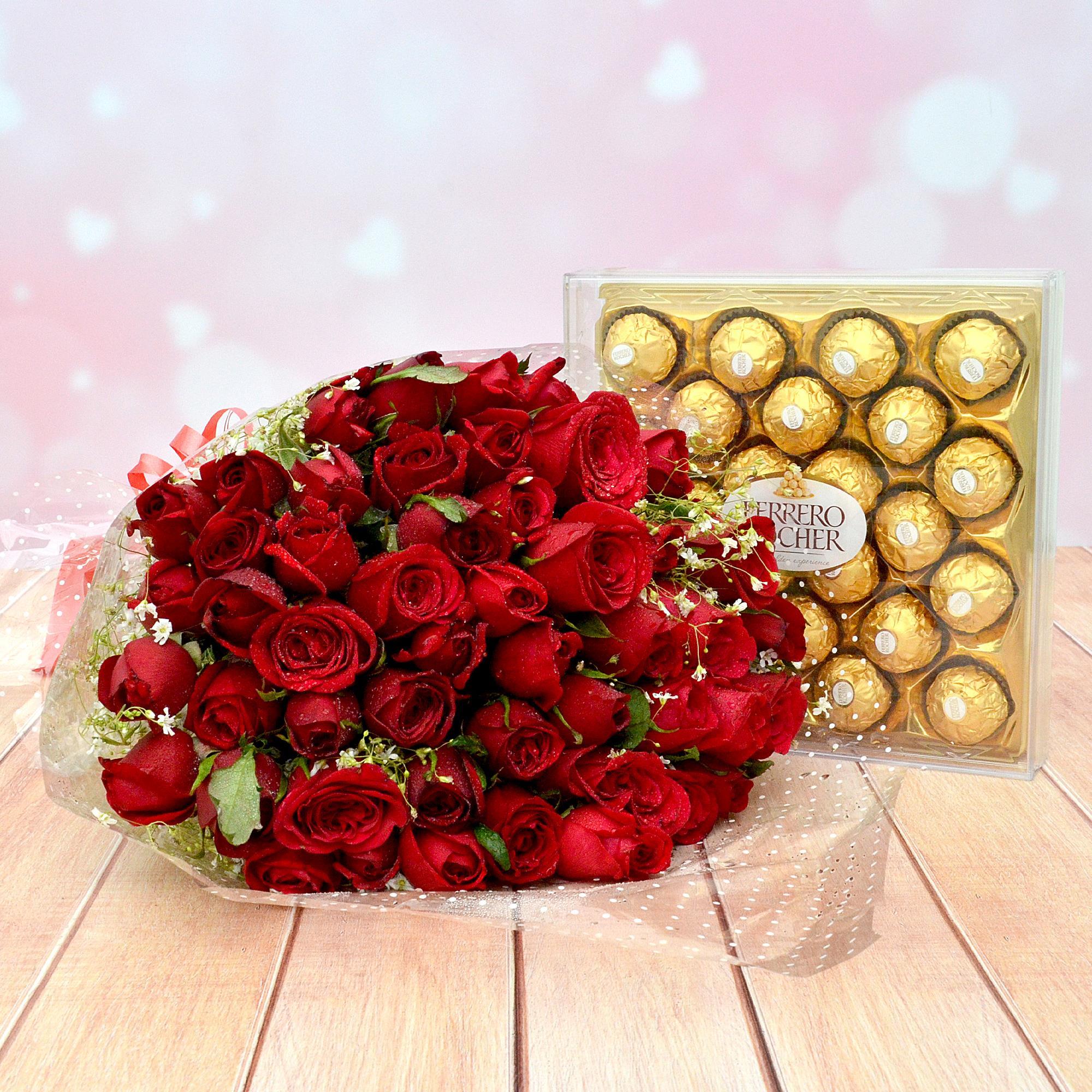 24 Red Roses and Rocher | Flower Hamper