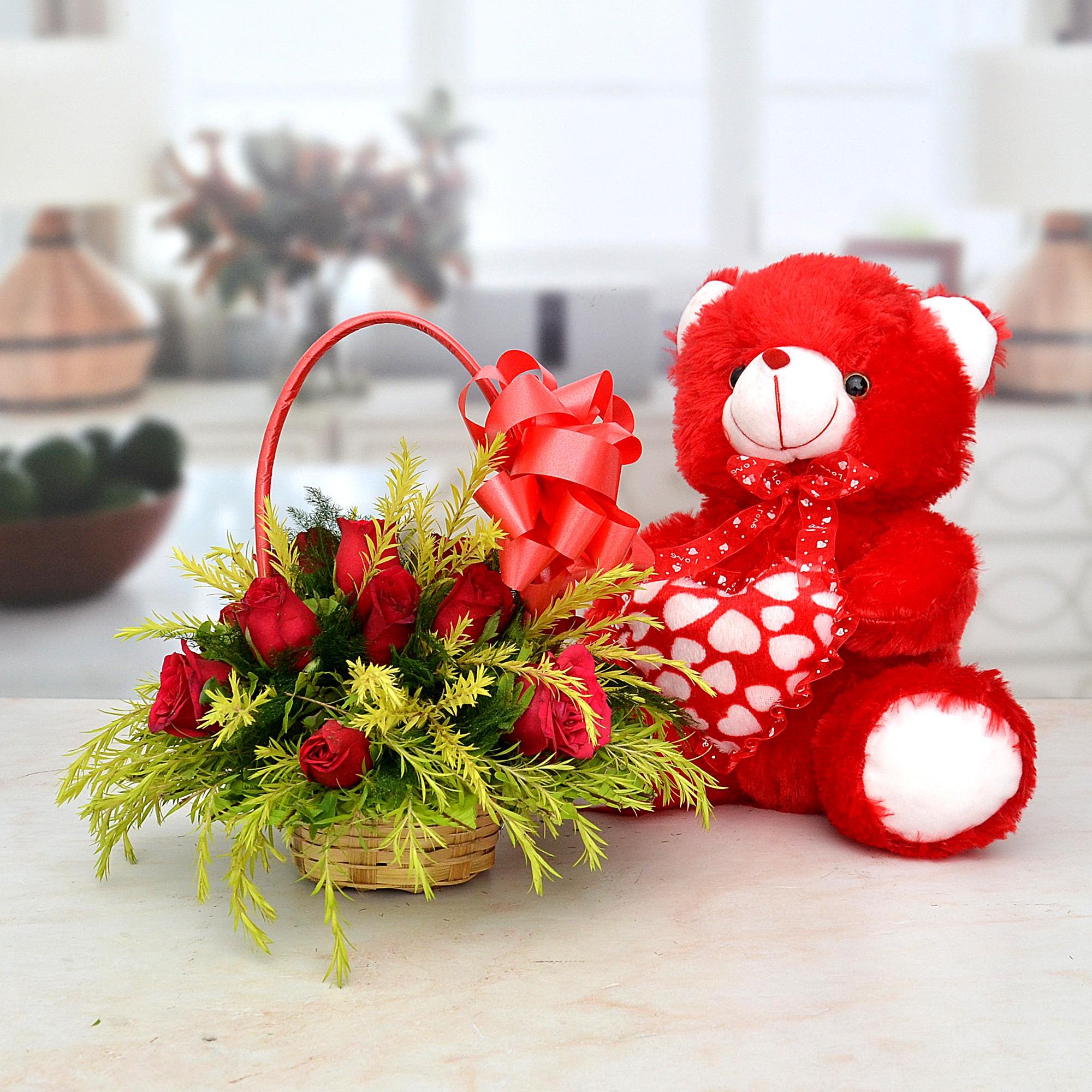 Roses in a Basket with Teddy | Flower & Teddy Hamper