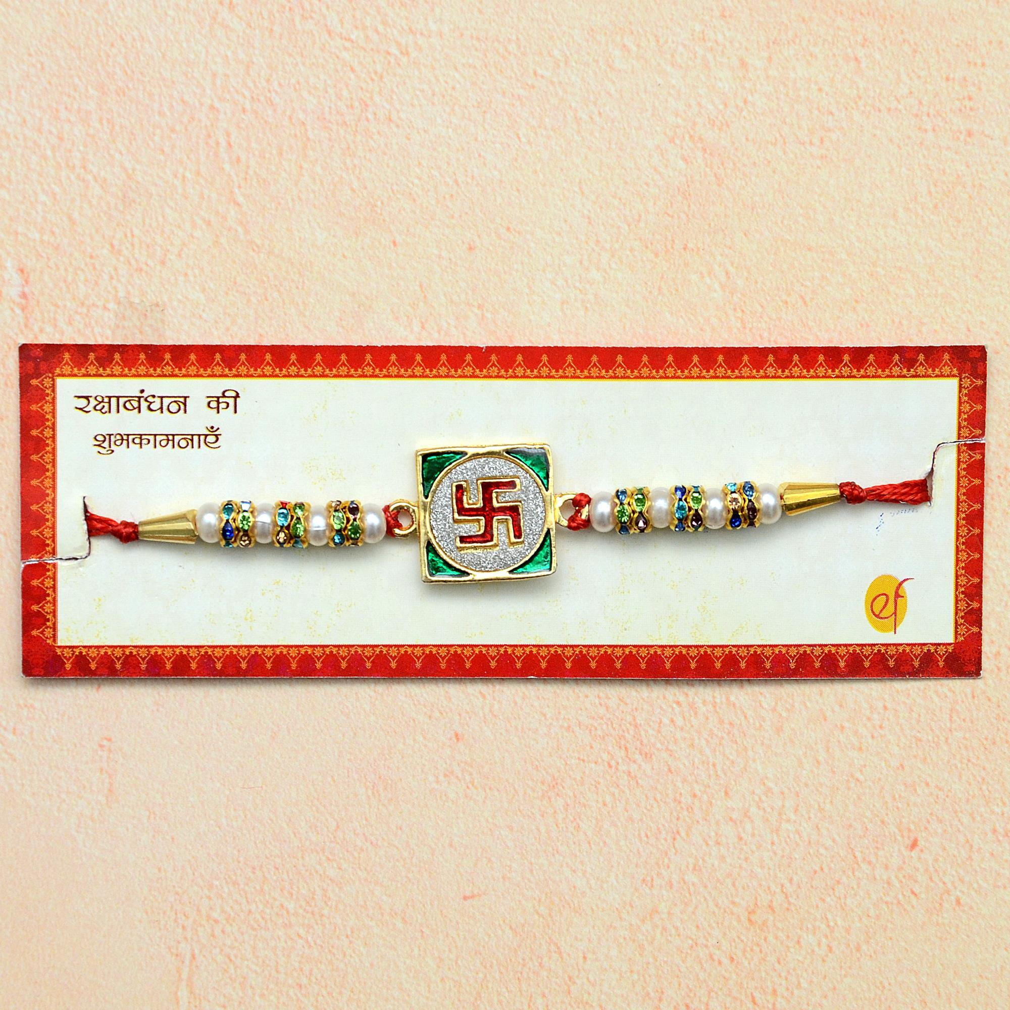Red & Green Metallic Stones Swastik Rakhi | Divine Rakhi