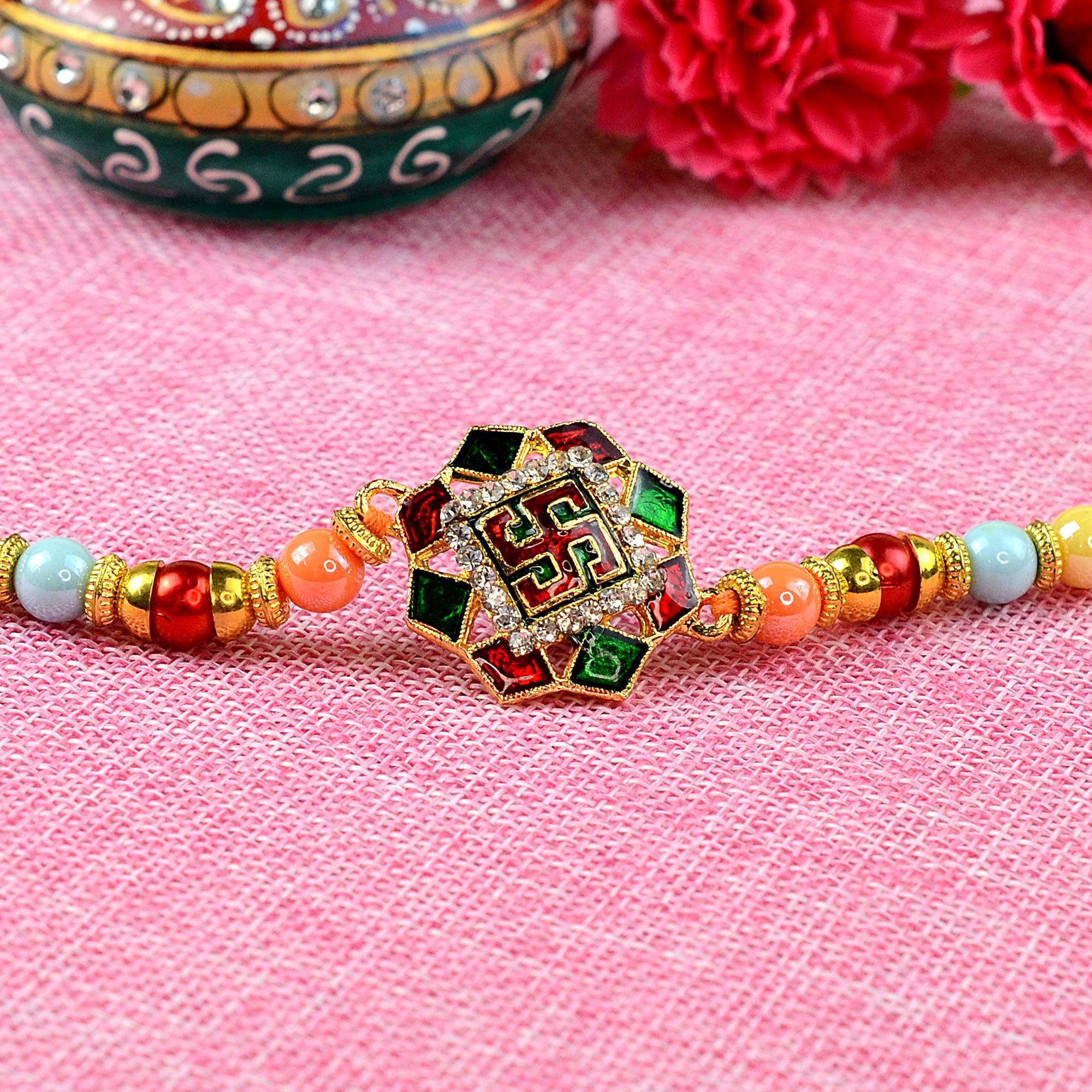Gorgeous Stone and Bead Swastik Rakhi | Divine Rakhi