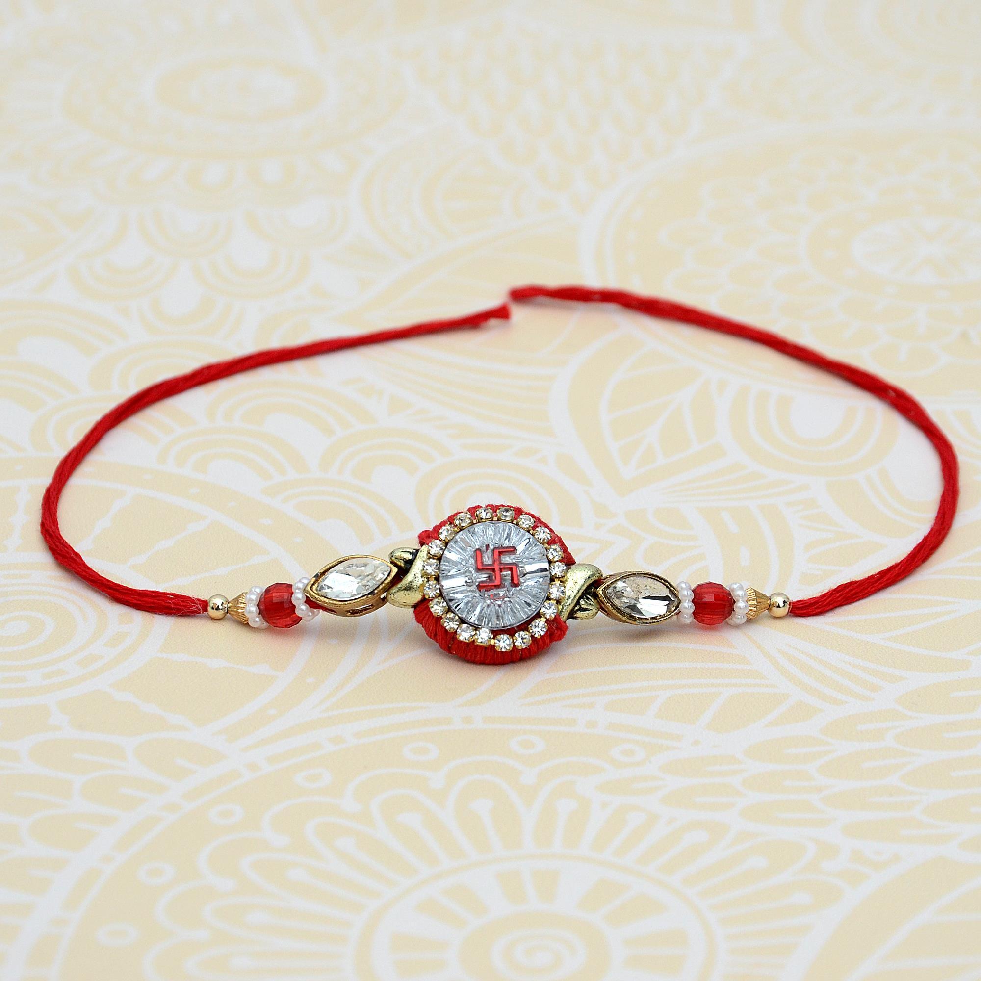 Red Stone and Beads Swastik Rakhi | Designer Rakhi