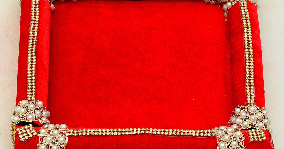 Red Color Velvet Stones Work Square Thali | Exclusive Thalis