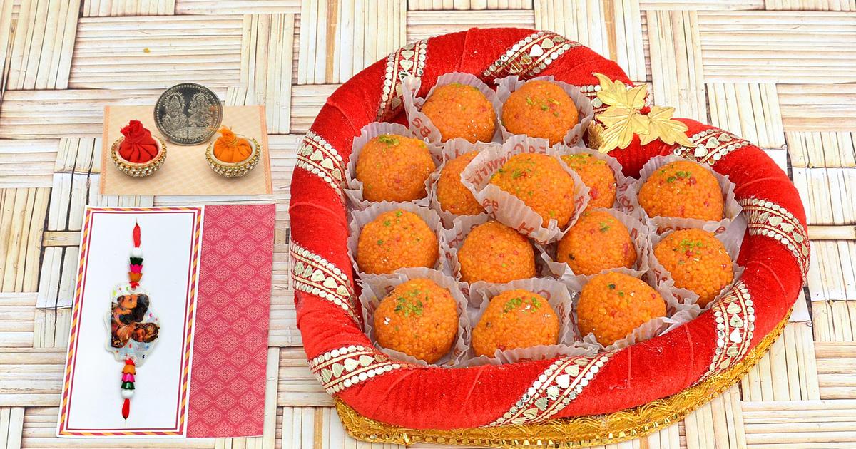 Rakhi Sweets Thali - Motichur Laddu & Rakhi in a Thali | Rakhi Hampers