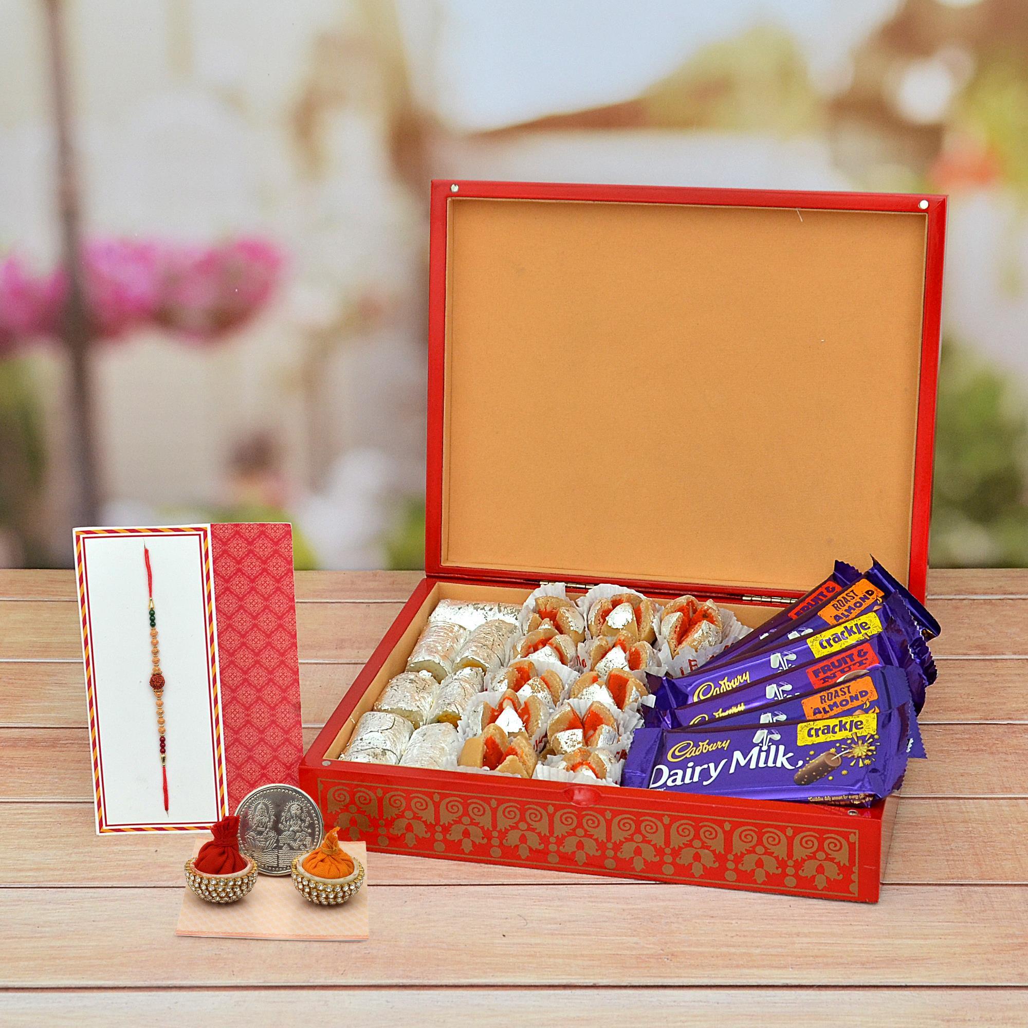 Dairy Milk, Roll, Mawa Phool Box & Rakhi | Rakhi Hampers