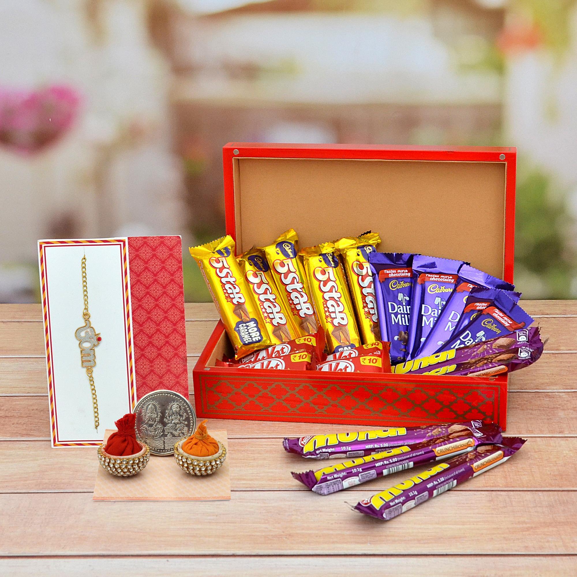 Dairy Milk, Munch, Five Star with Rakhi | Chocolate Hampers