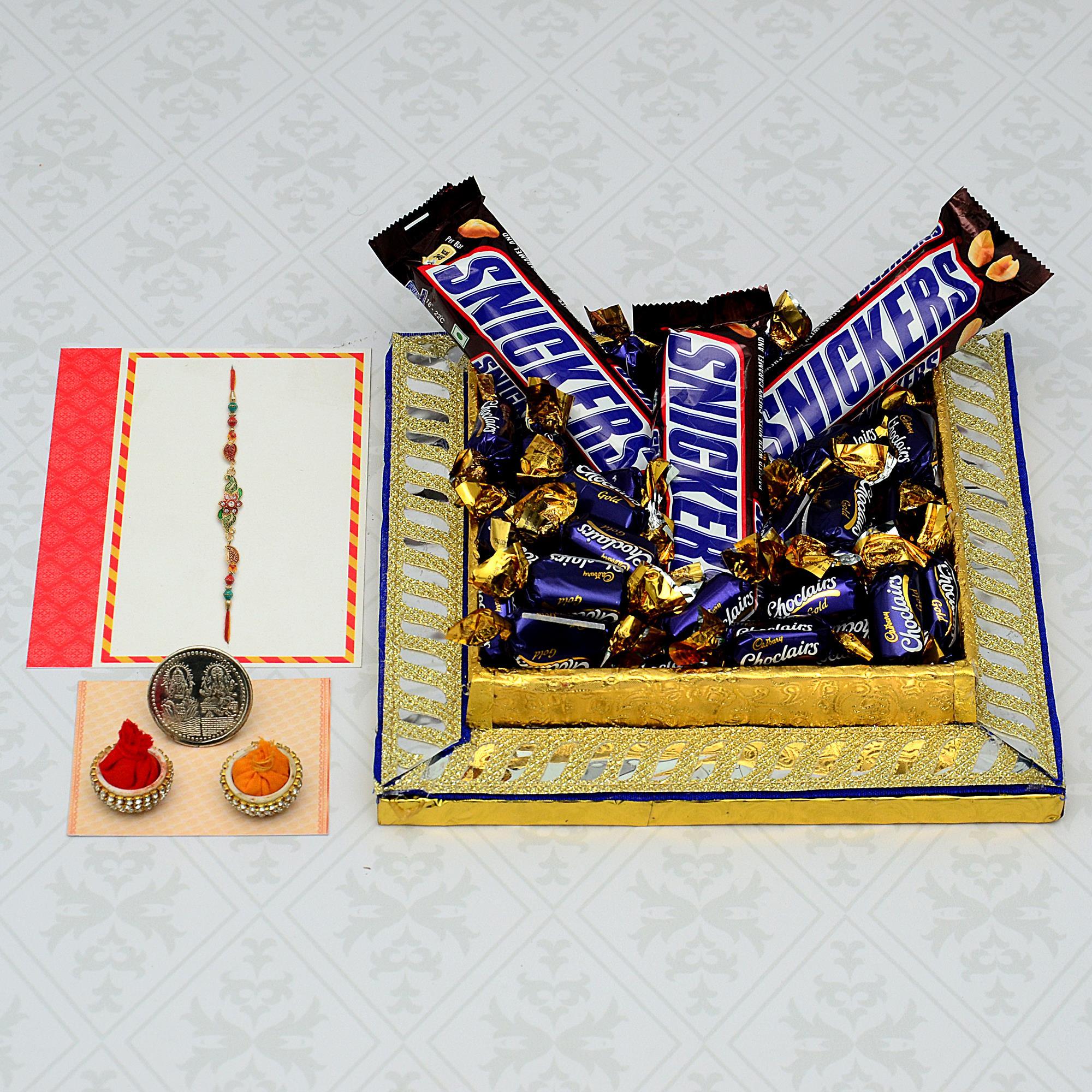 3 Pcs Snickers & Chocolairs & Rakhi | Rakhi & Chocolates