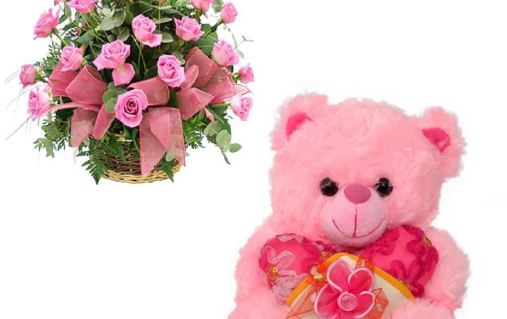 Pink Roses and Teddy Combo | Flower & Teddy Hamper