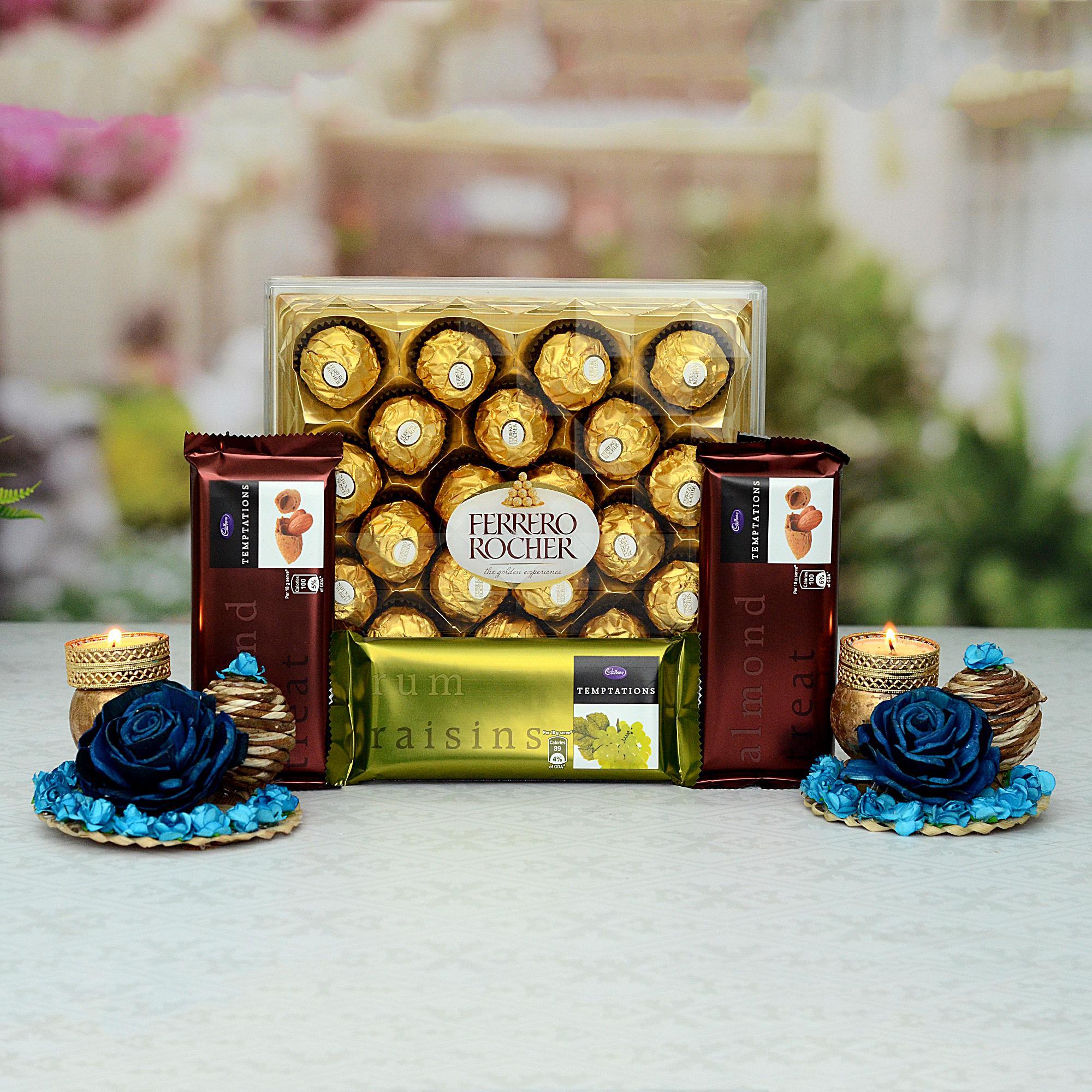 Ferrero Rocher with Blue Diya | Chocolate Hamper, Diwali