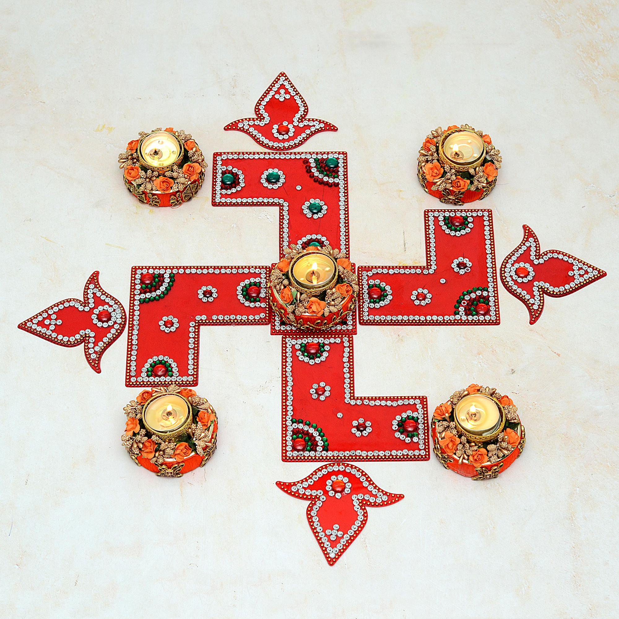 Red Swastik Rangoli with Diya | Diwali Essentials