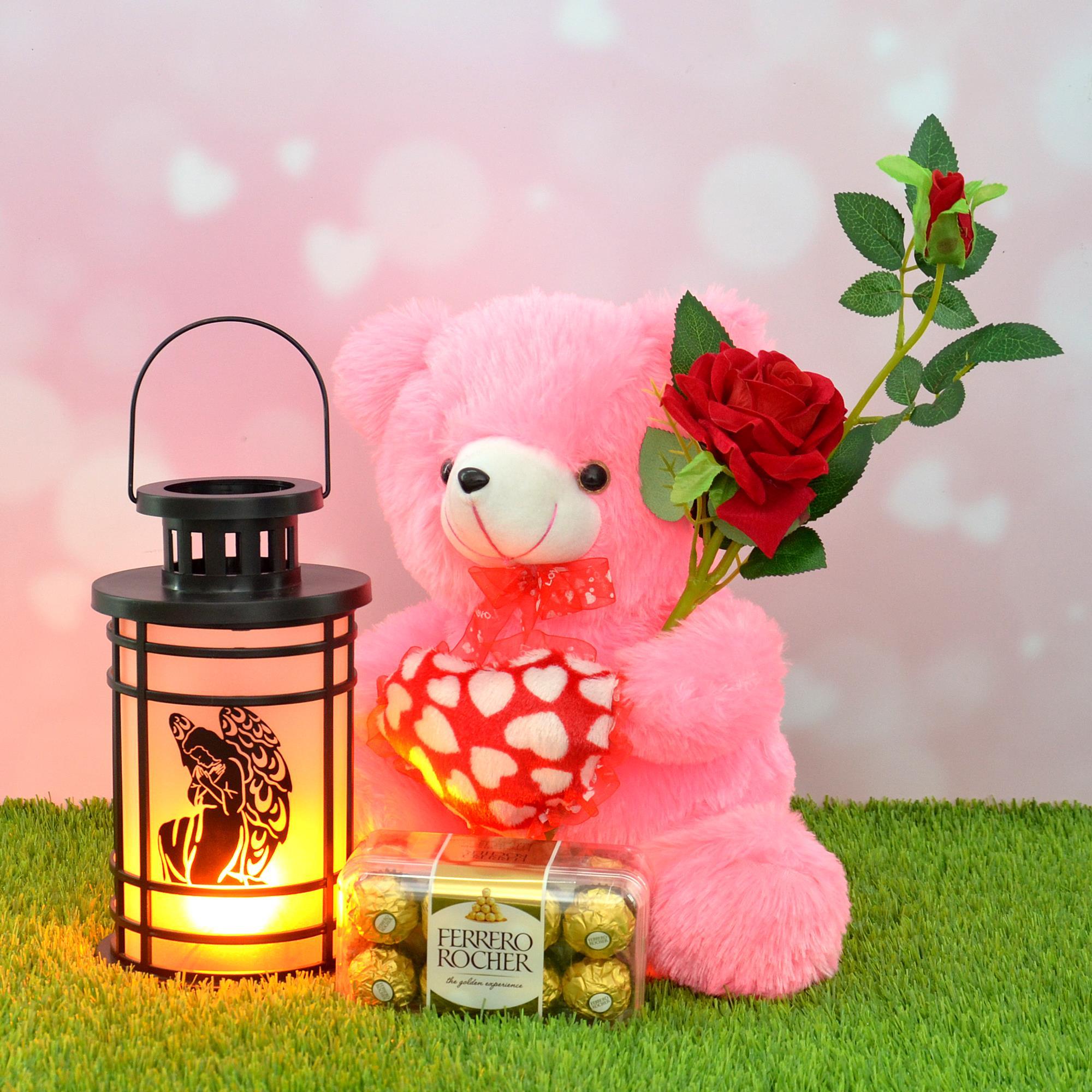 Lantern With Pink Teddy & Ferrero Rocher | Valentine Day
