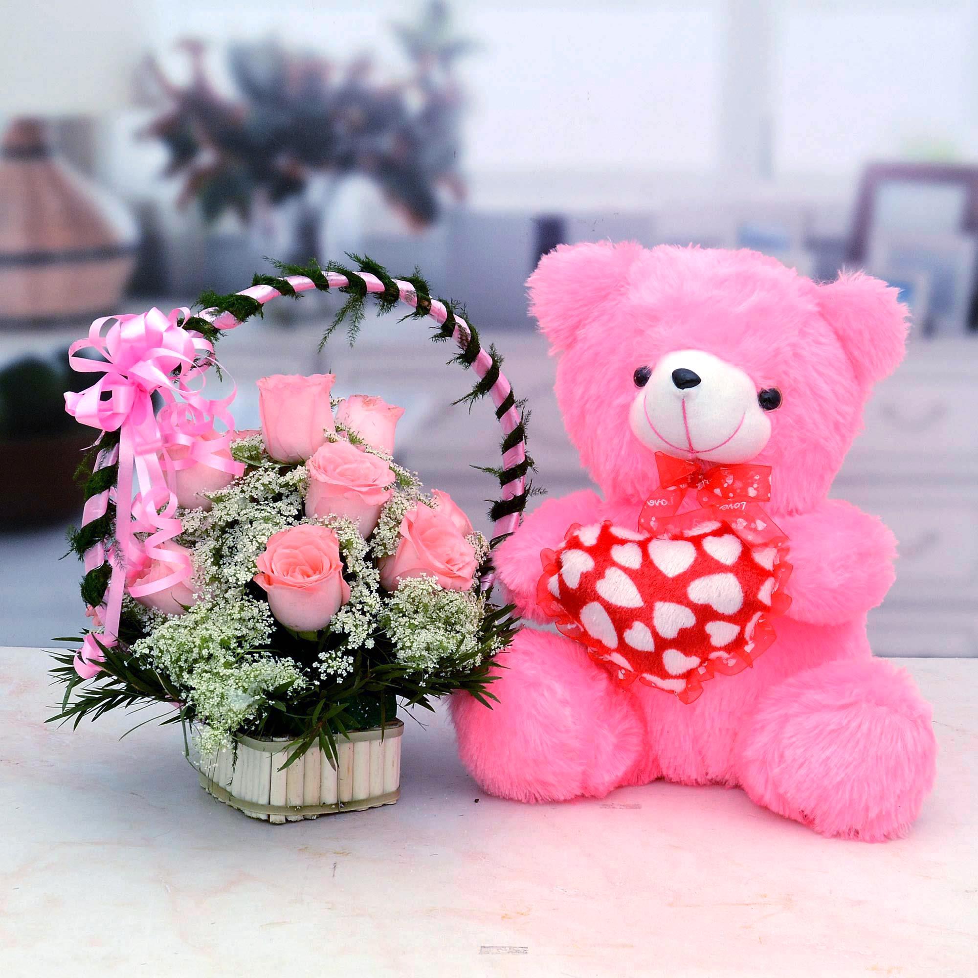 Pink Teddy Rose Basket Teddies