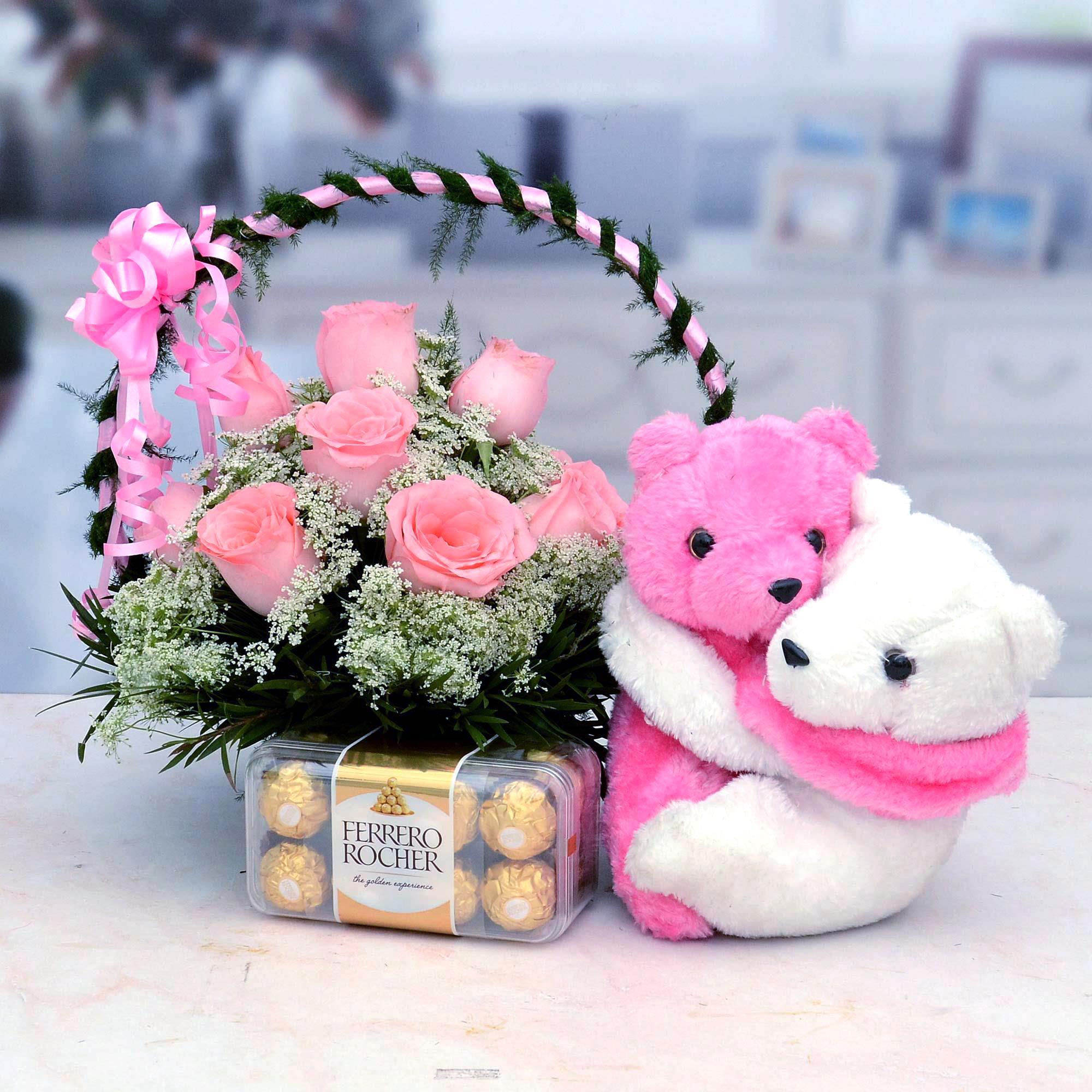 Hug Teddy, Ferrero & Pink Roses | Flower & Teddy Hamper