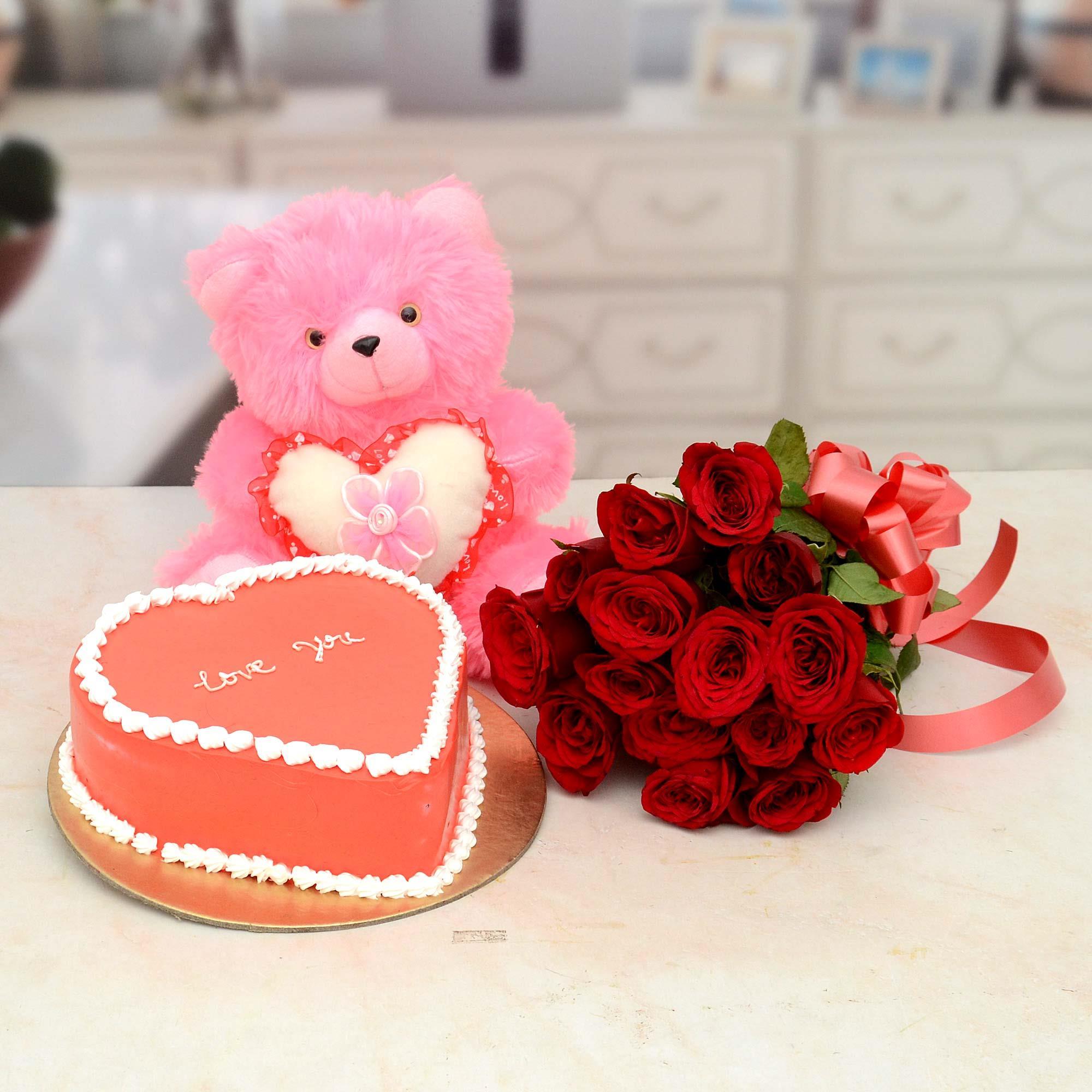 Rose Bouquet, Cake & Teddy | Flower Hamper