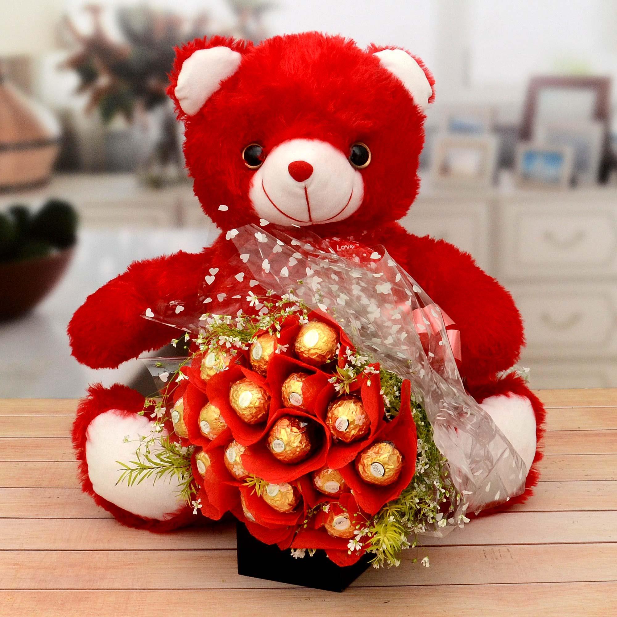 Red Ferrero Bouquet & Teddy, Soft Toys for Same Day Delivery