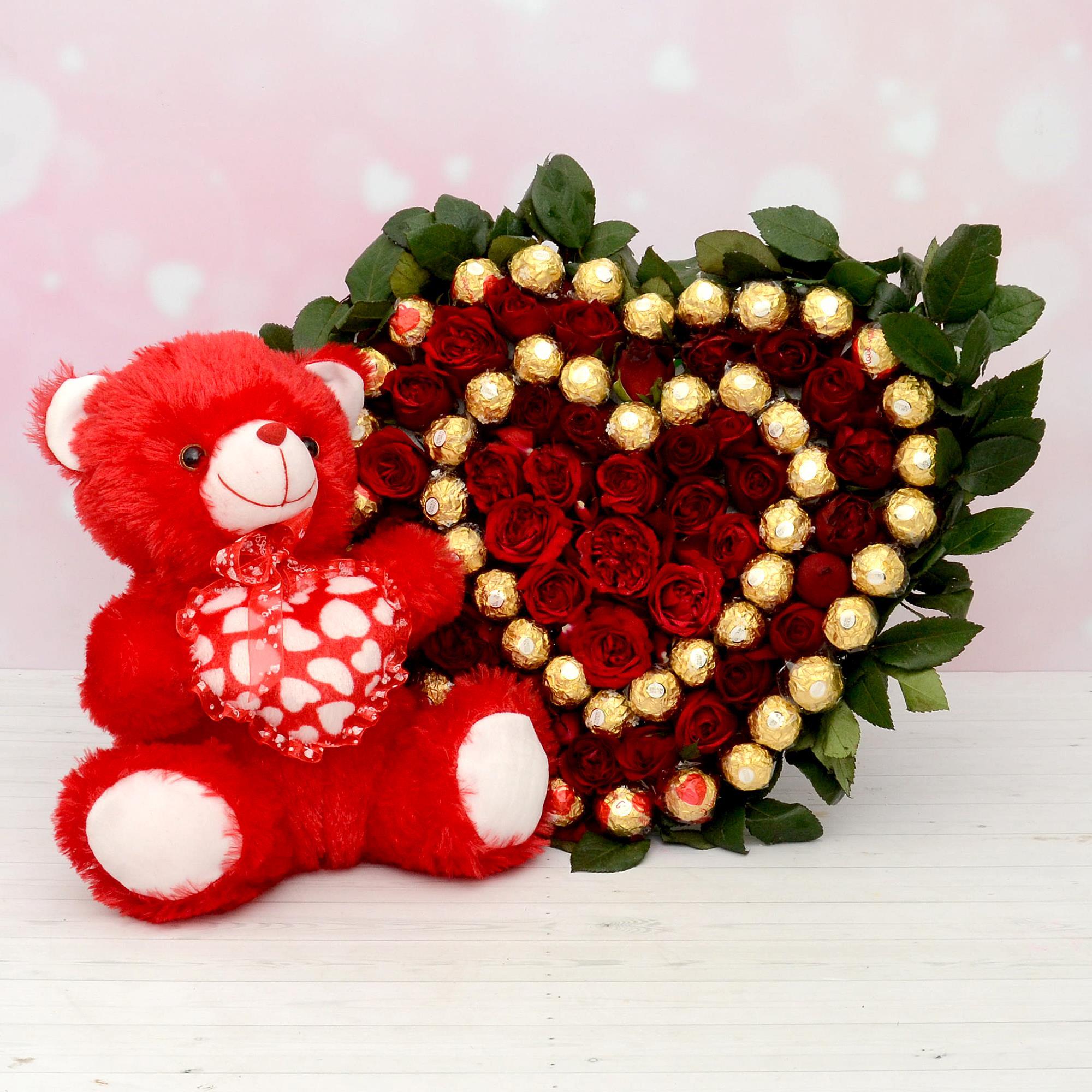 Teddy, Heart Rose & Ferrero | Flower Hamper