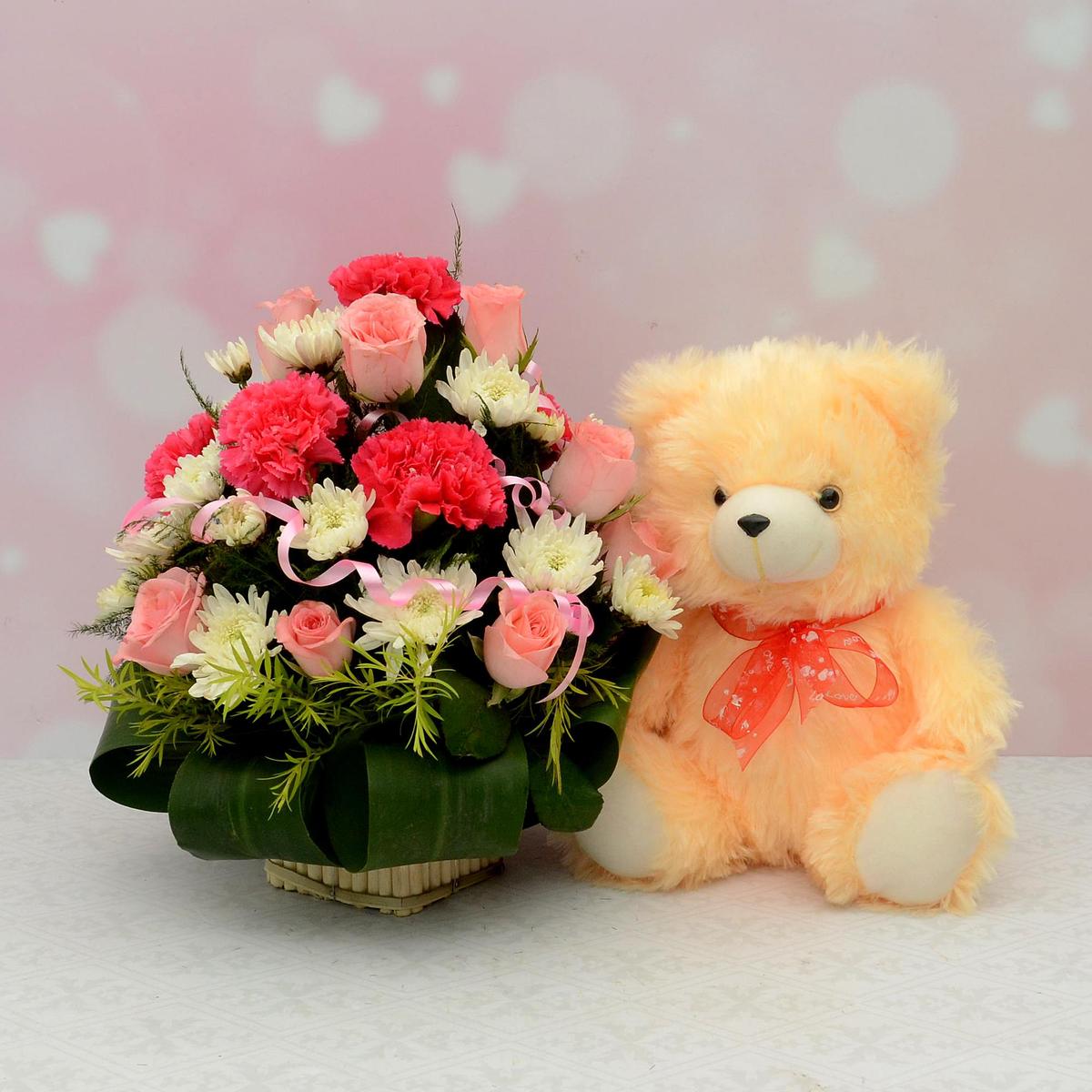 Pink Flowers & Teddy | Flower & Teddy Hamper