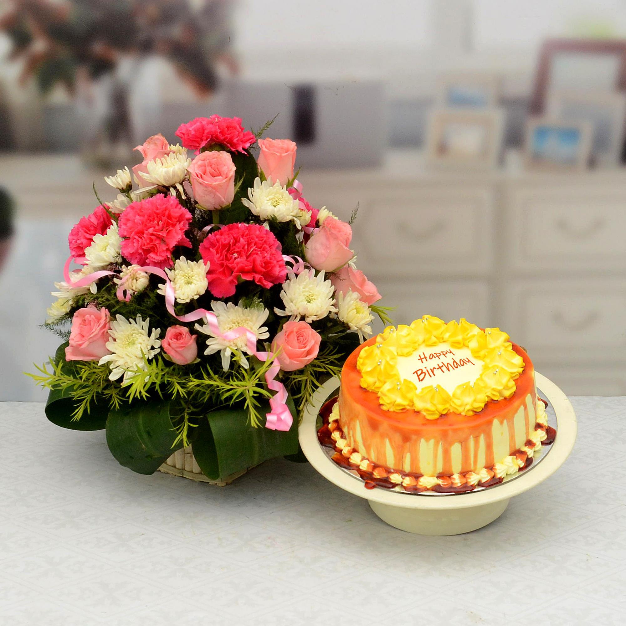 Butterscotch Cake & Flowers, Flower Hampers on Birthdays
