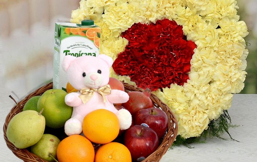 Carnations With Healthy Fruit Basket | Flowers & Fruits