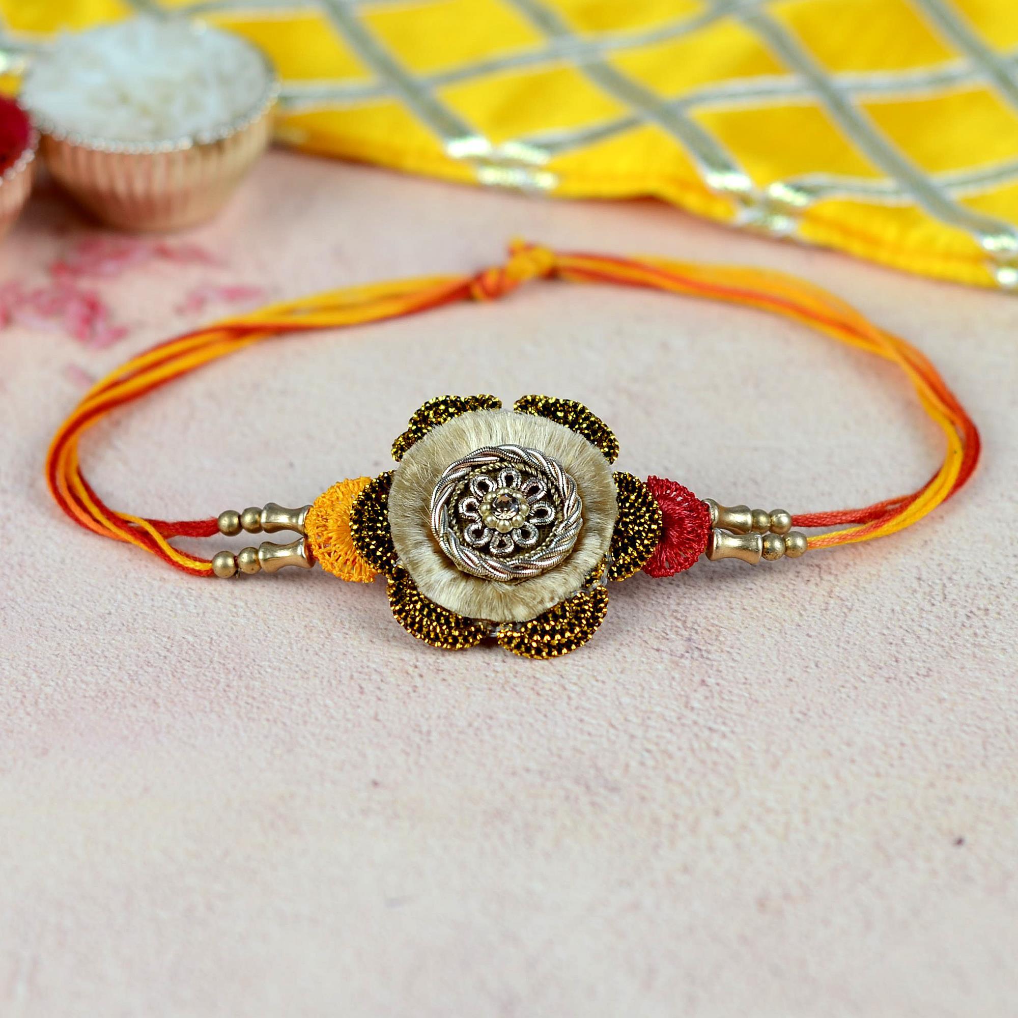 Floral Zardosi Brown Rakhi | Designer Rakhi