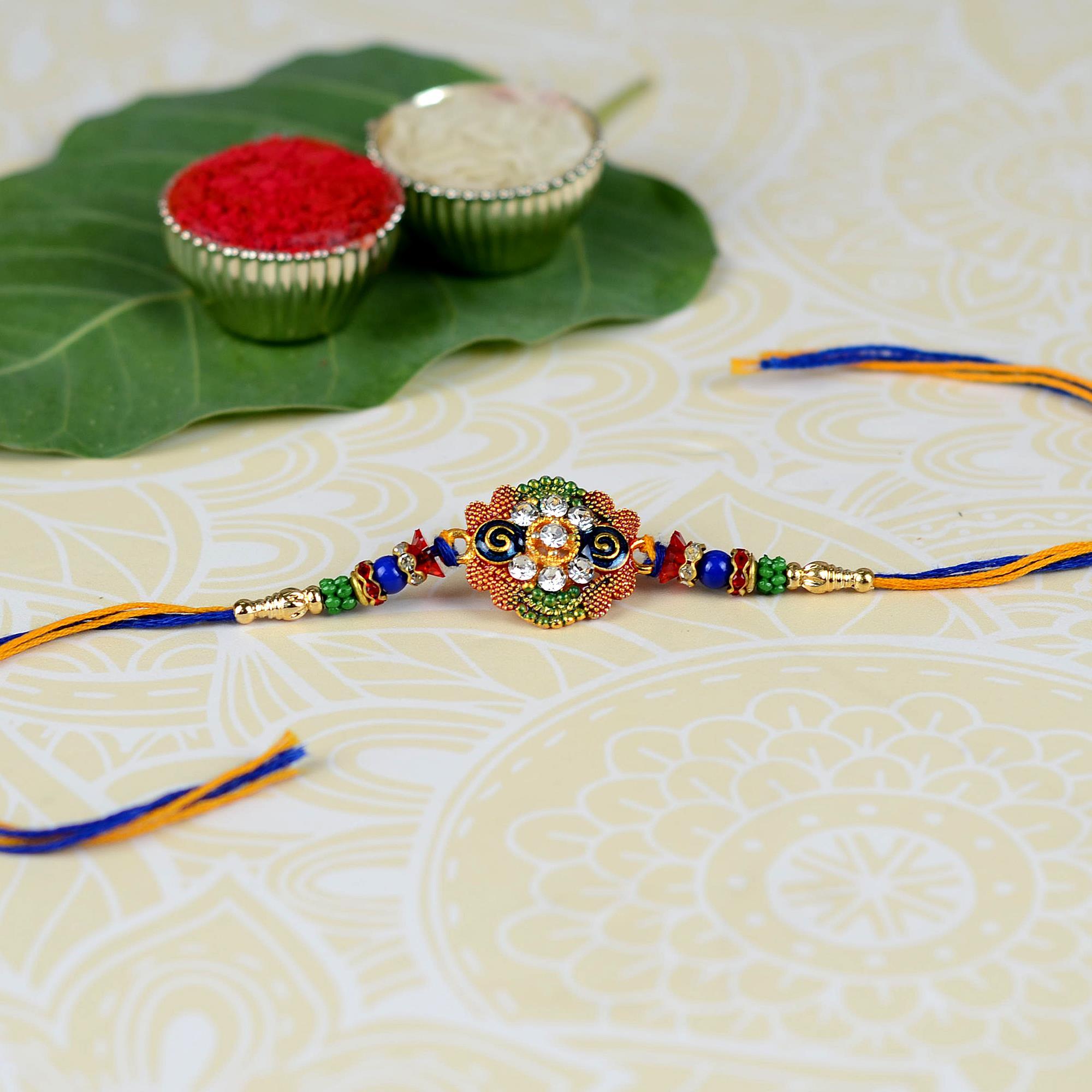 Ornate Blue and Yellow Rakhi | Designer Rakhi