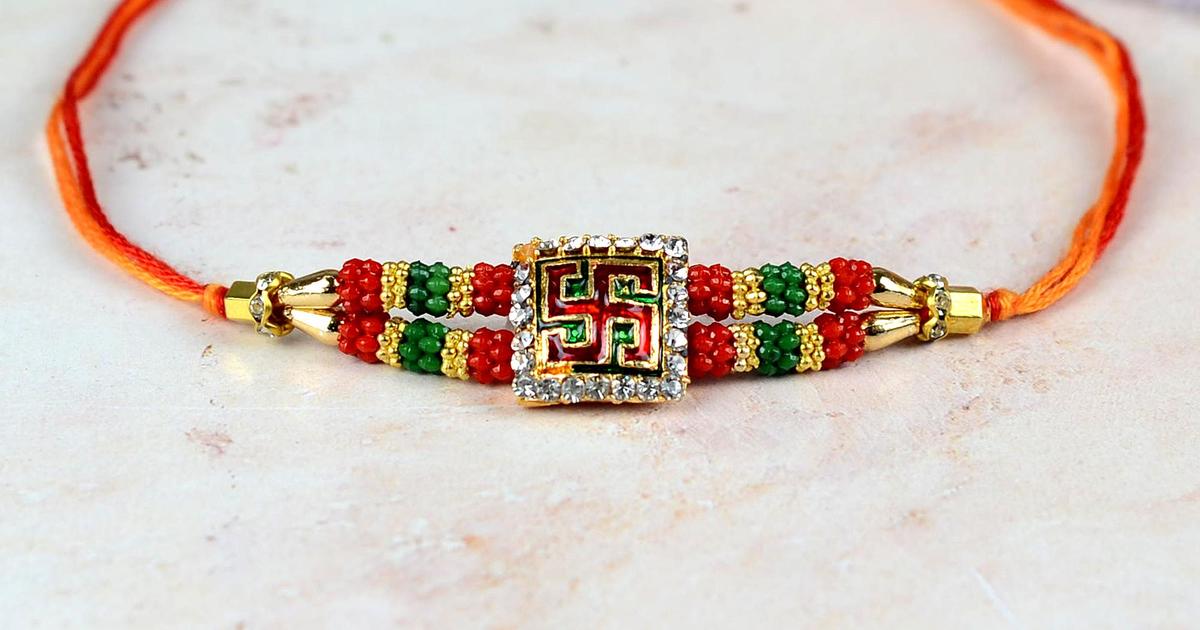 Square Swastik Red and Green Rakhi | Rakhi to Ahmedabad