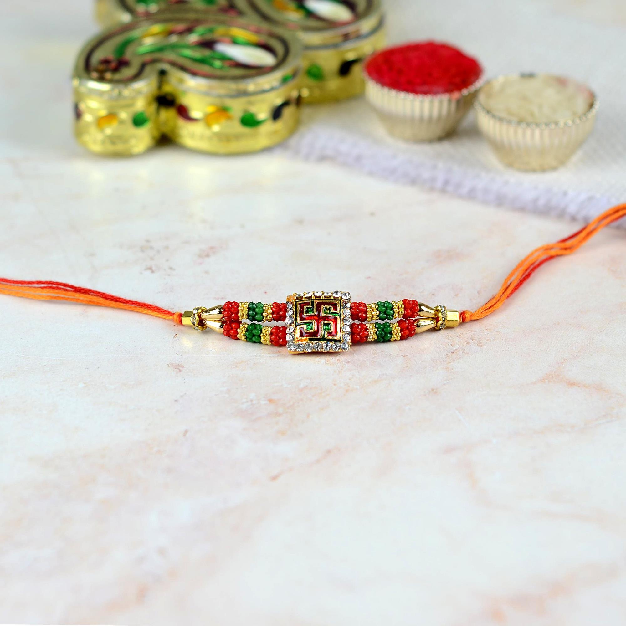 Square Swastik Red and Green Rakhi | Rakhi to Ahmedabad