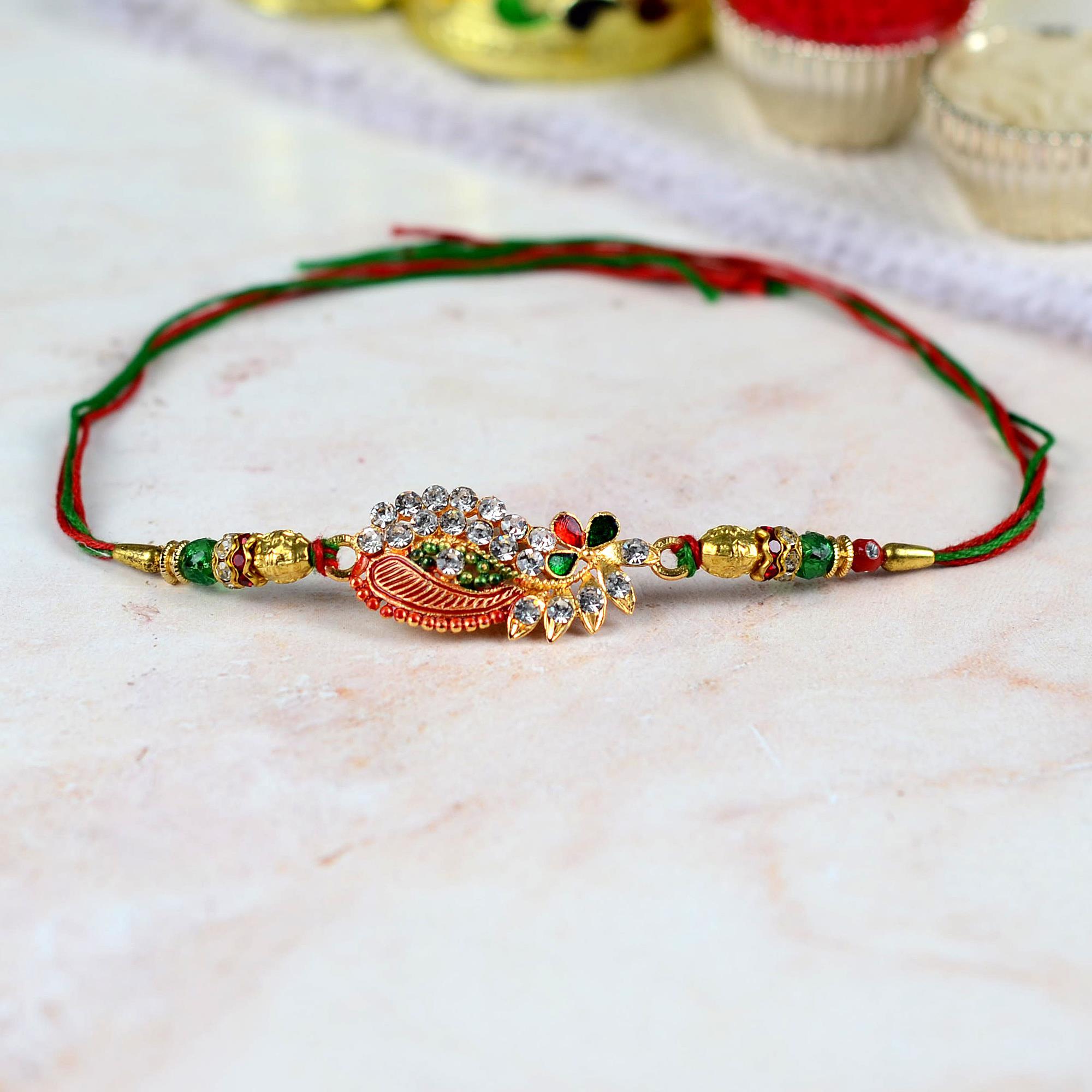 Red and Green Stone Mango Shape Rakhi | Designer Rakhi