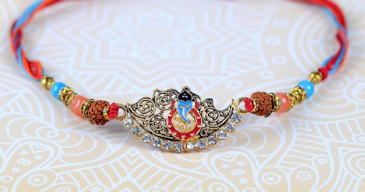 Ganesh Red & Blue Rudraksh Rakhi | Ganesh Rakhis