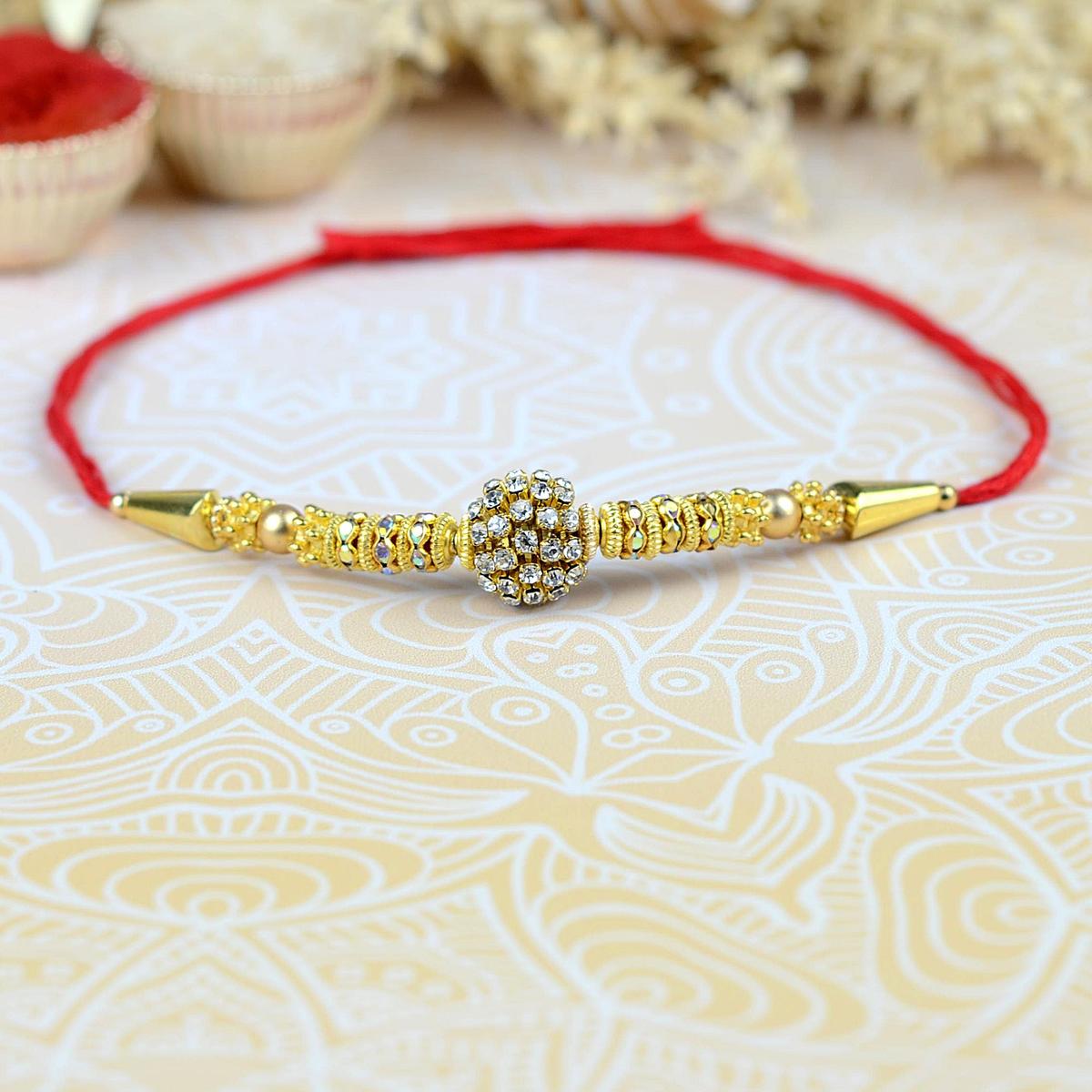 Spherical Stone Golden Rakhi | Designer Rakhi