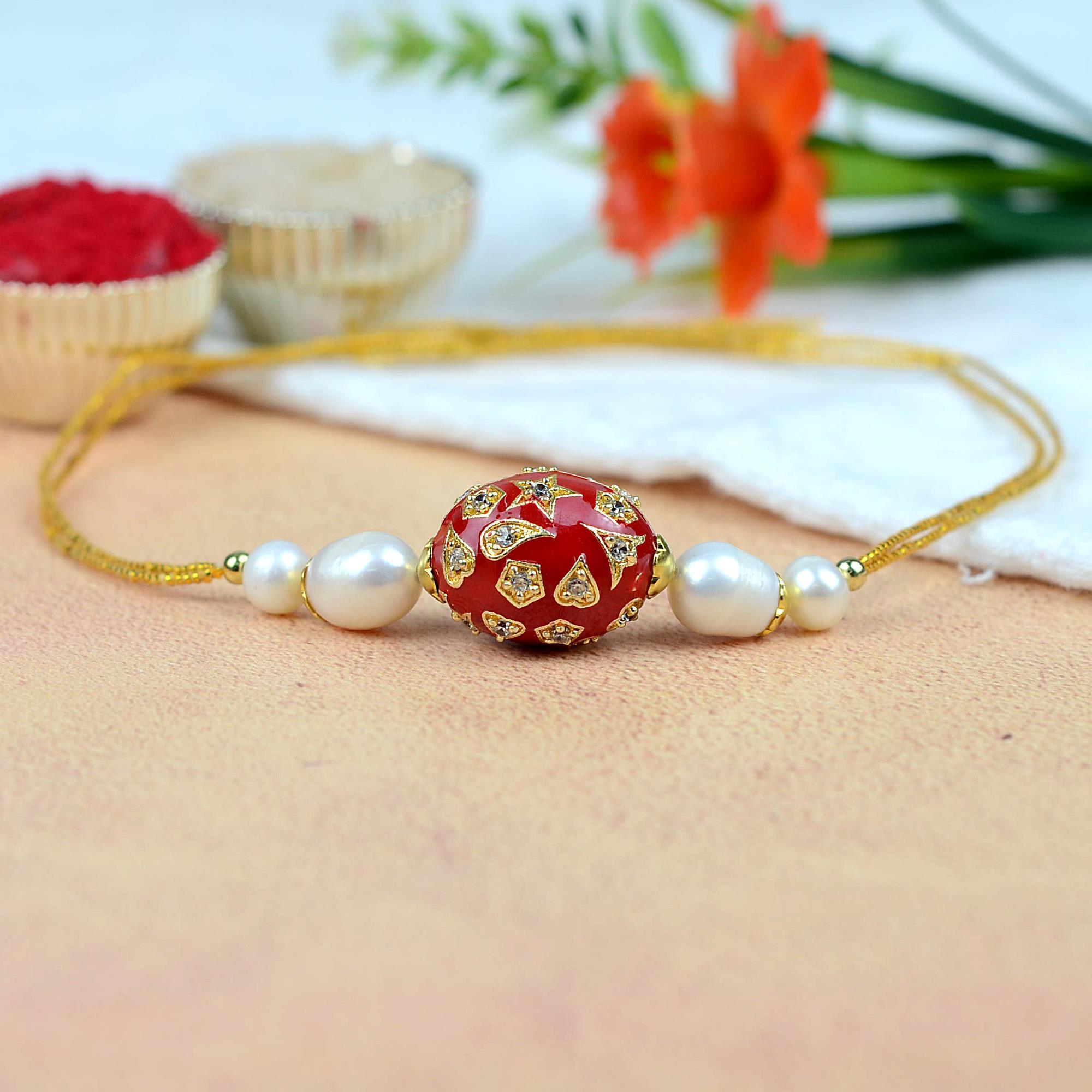 Red Oval Bead Real Pearl Rakhi | Designer Rakhi