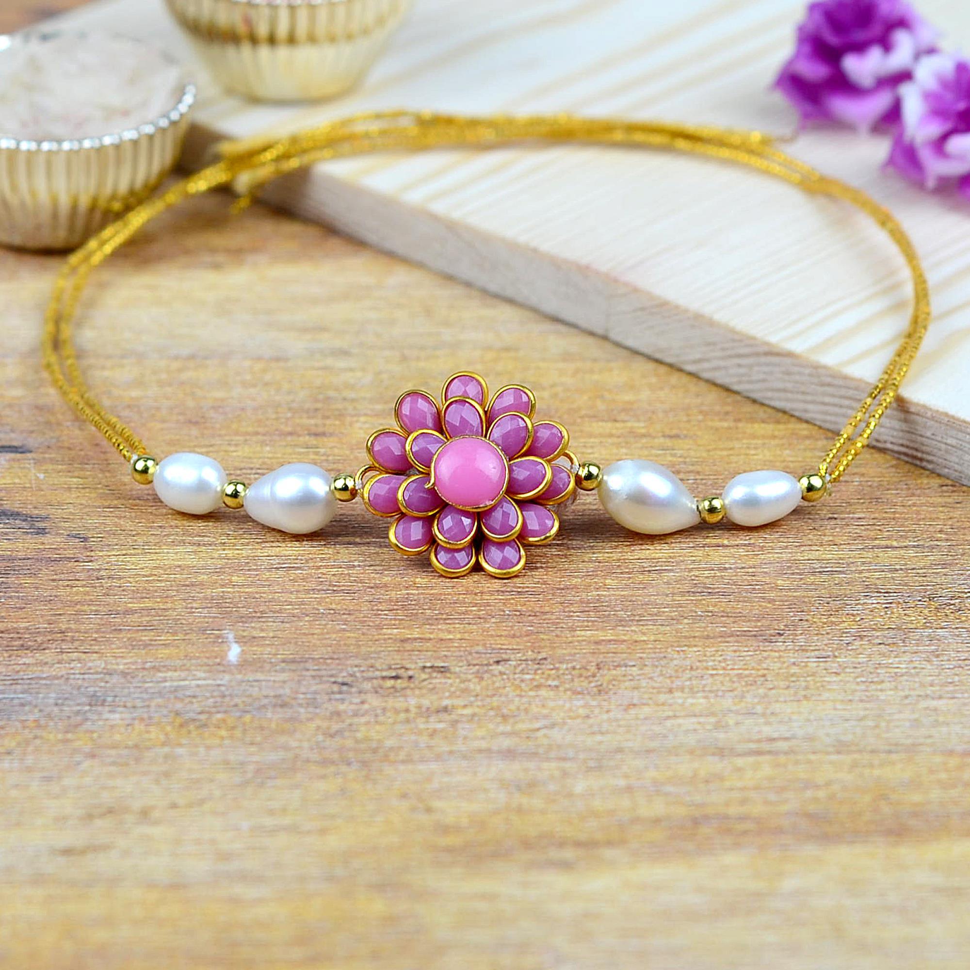 Pink Lotus Real Pearl Rakhi | Designer Rakhi