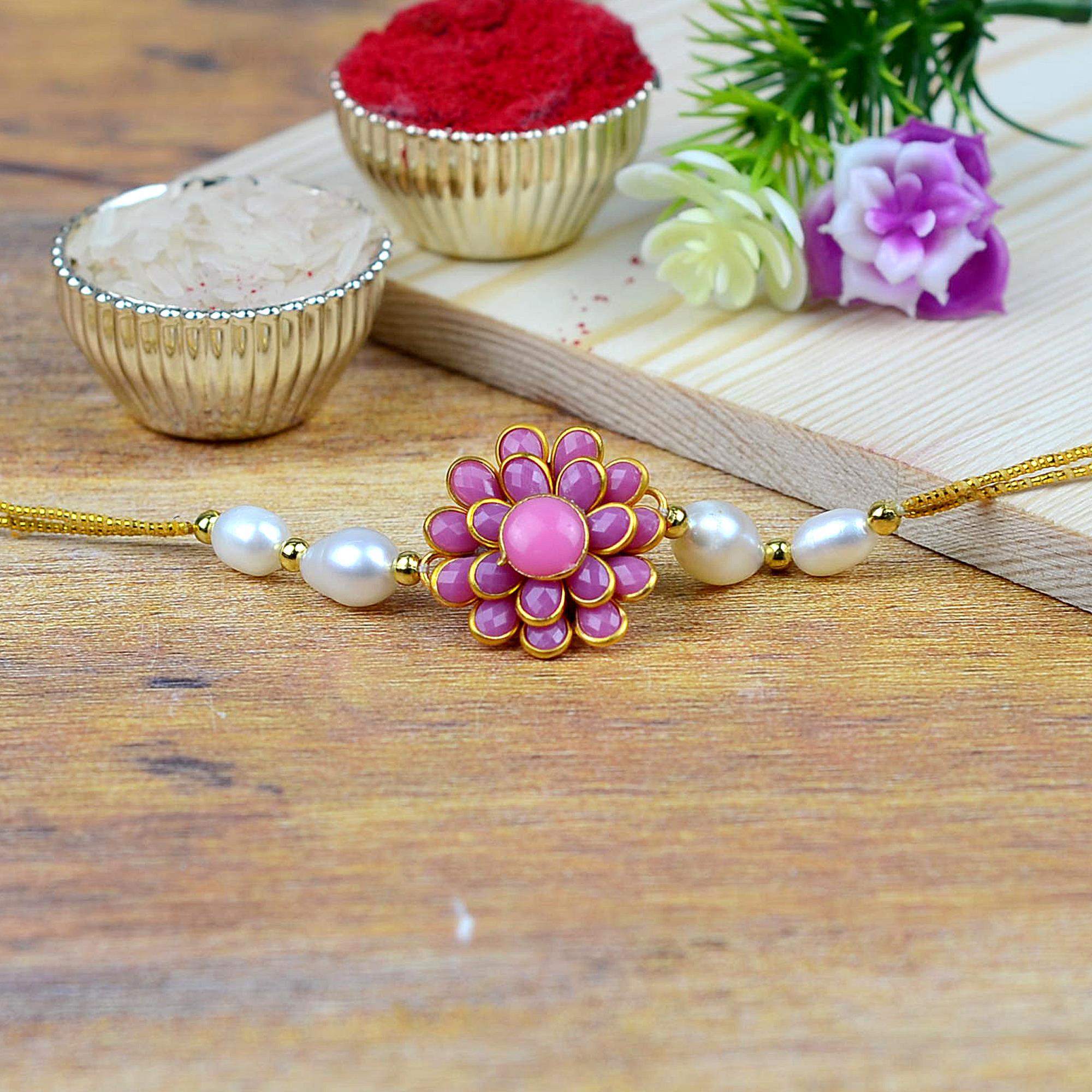 Pink Lotus Real Pearl Rakhi | Designer Rakhi