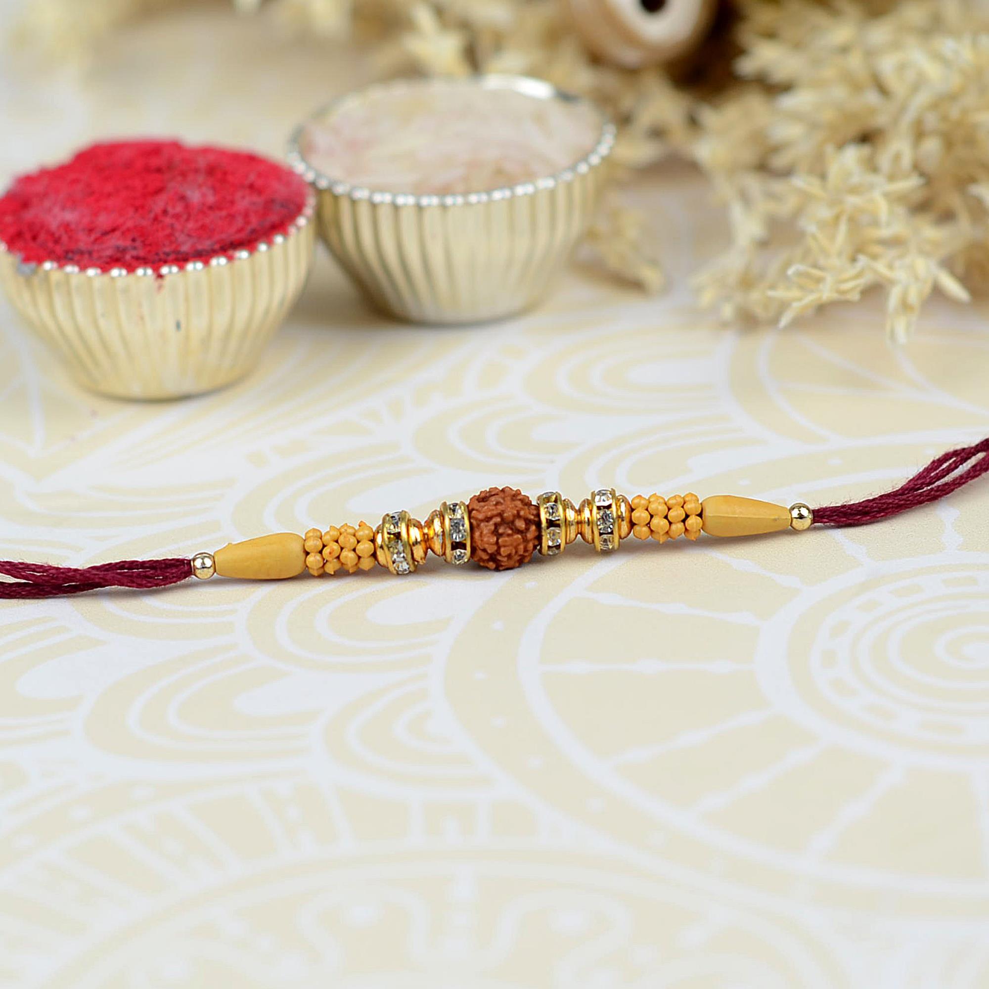 Rudraksh with Stones Rakhi Maroon Dori | Rudraksh Rakhi