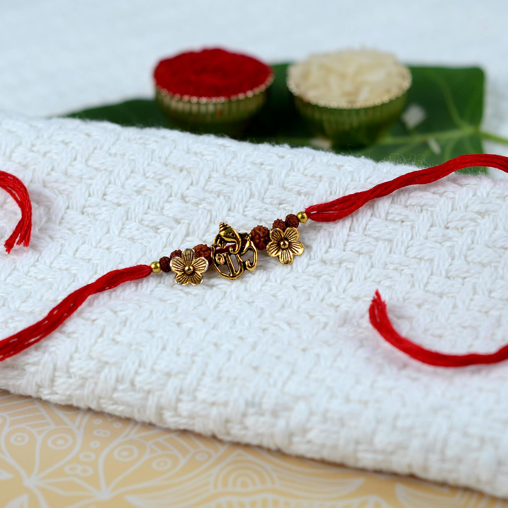 Antique Ganesh Flower Rudraksh Rakhi | Ganesh Rakhis